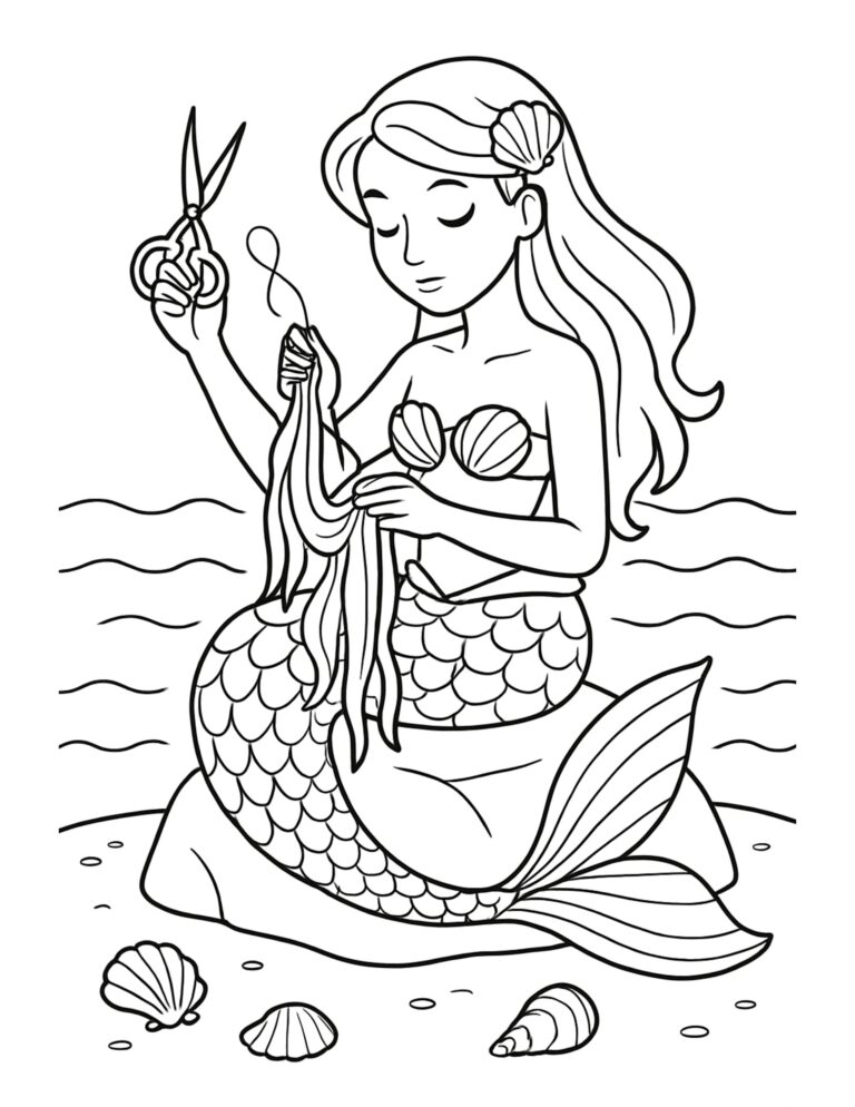 Mermaid Cutting Seaweed Strands Coloring Page | Free Printable