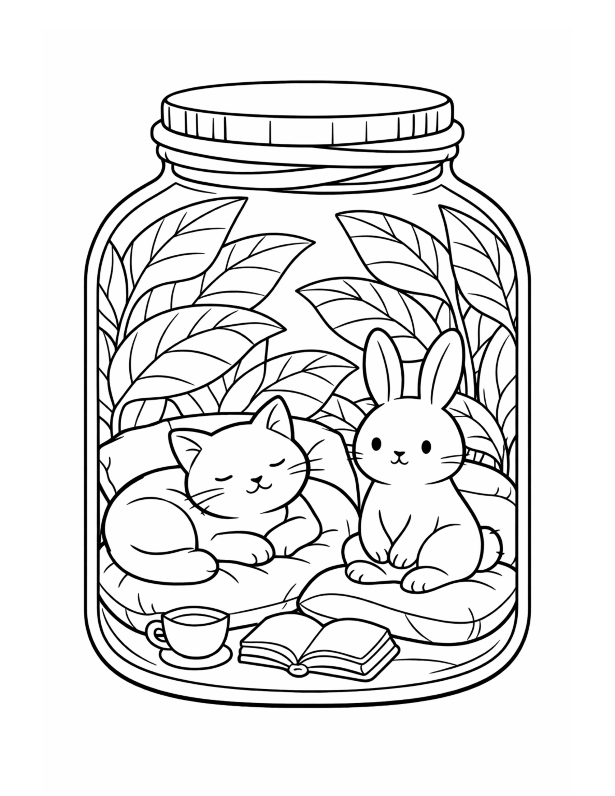 sleepy cat with bunny jar coloring page | Cozy reading nook