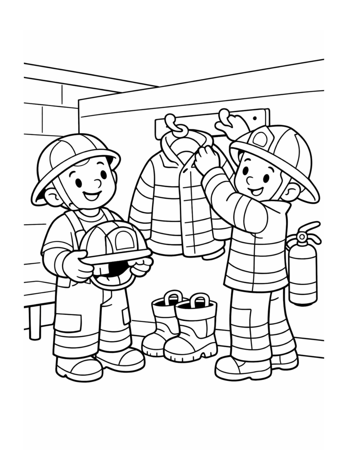 two firefighters hanging gear coloring page | easy to print