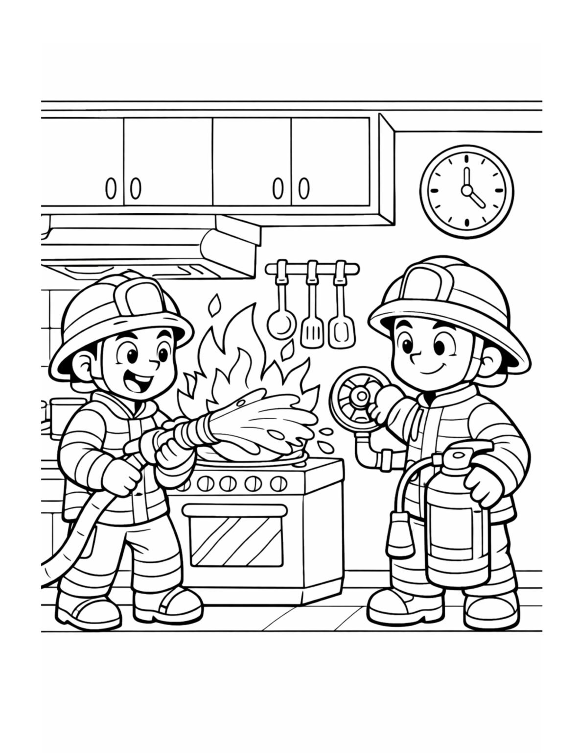 two firefighters spraying stove fire coloring page | fun printable