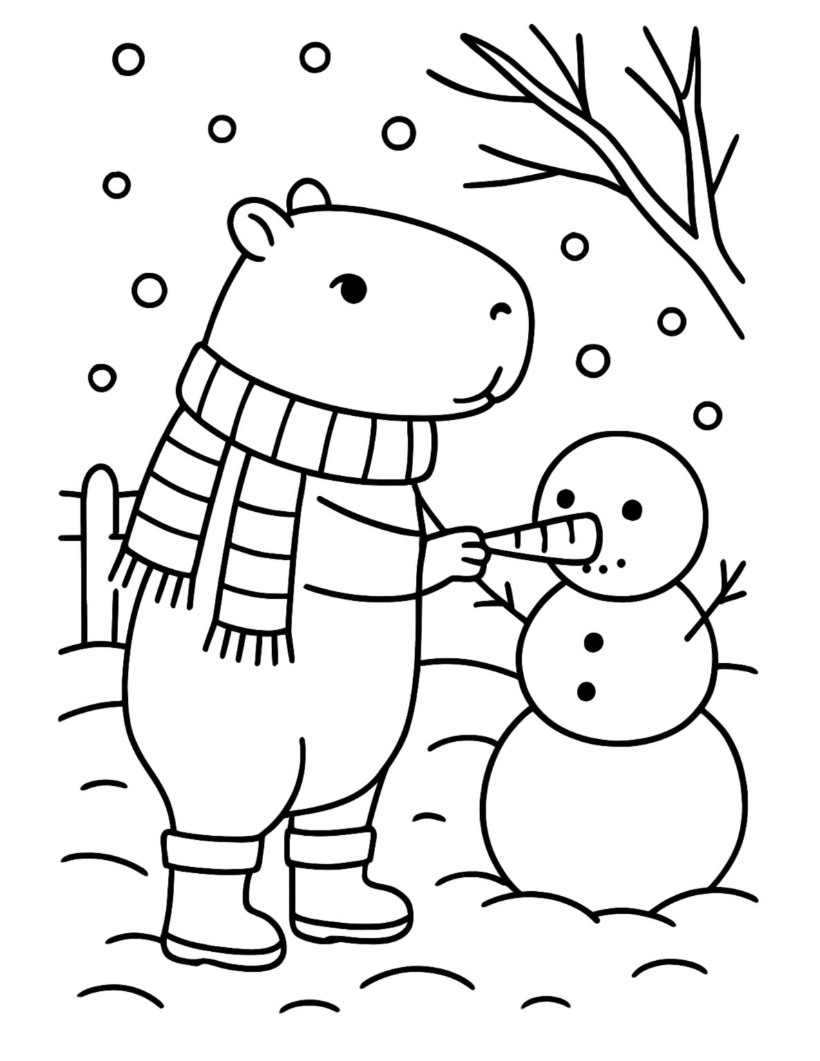 Winter Capybara & Snowman Coloring Page (Free Printable)