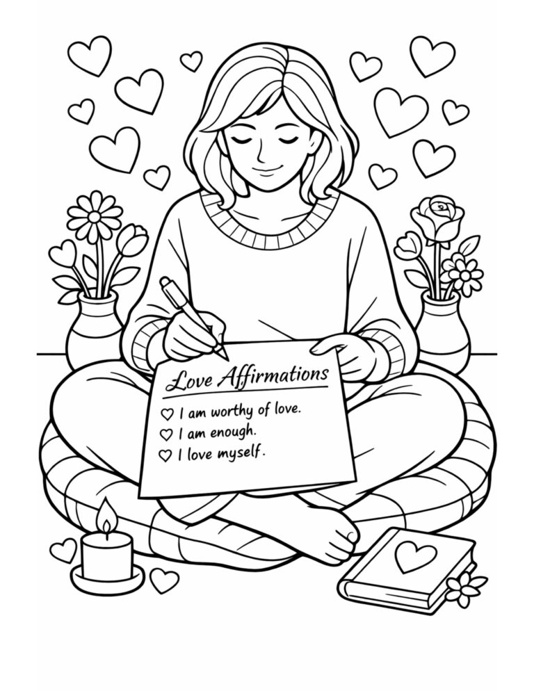 woman writing love affirmations coloring page | Valentine self care
