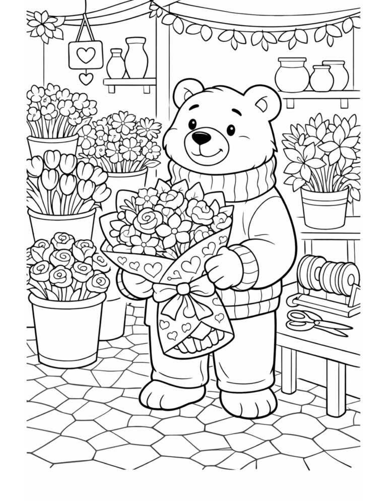 Bear Holding Flower Bouquet Coloring Page | Cozy Floral Scene
