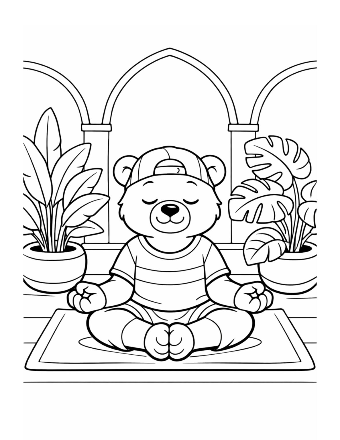 Bear Meditating on Yoga Mat Coloring Page | Calm Scene