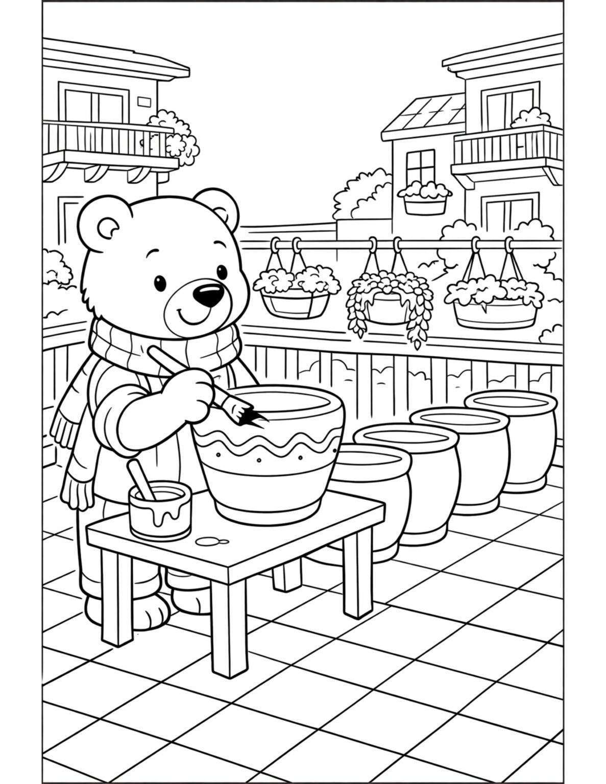 Bear Painting Flower Pots Coloring Page | Cozy Balcony Scene