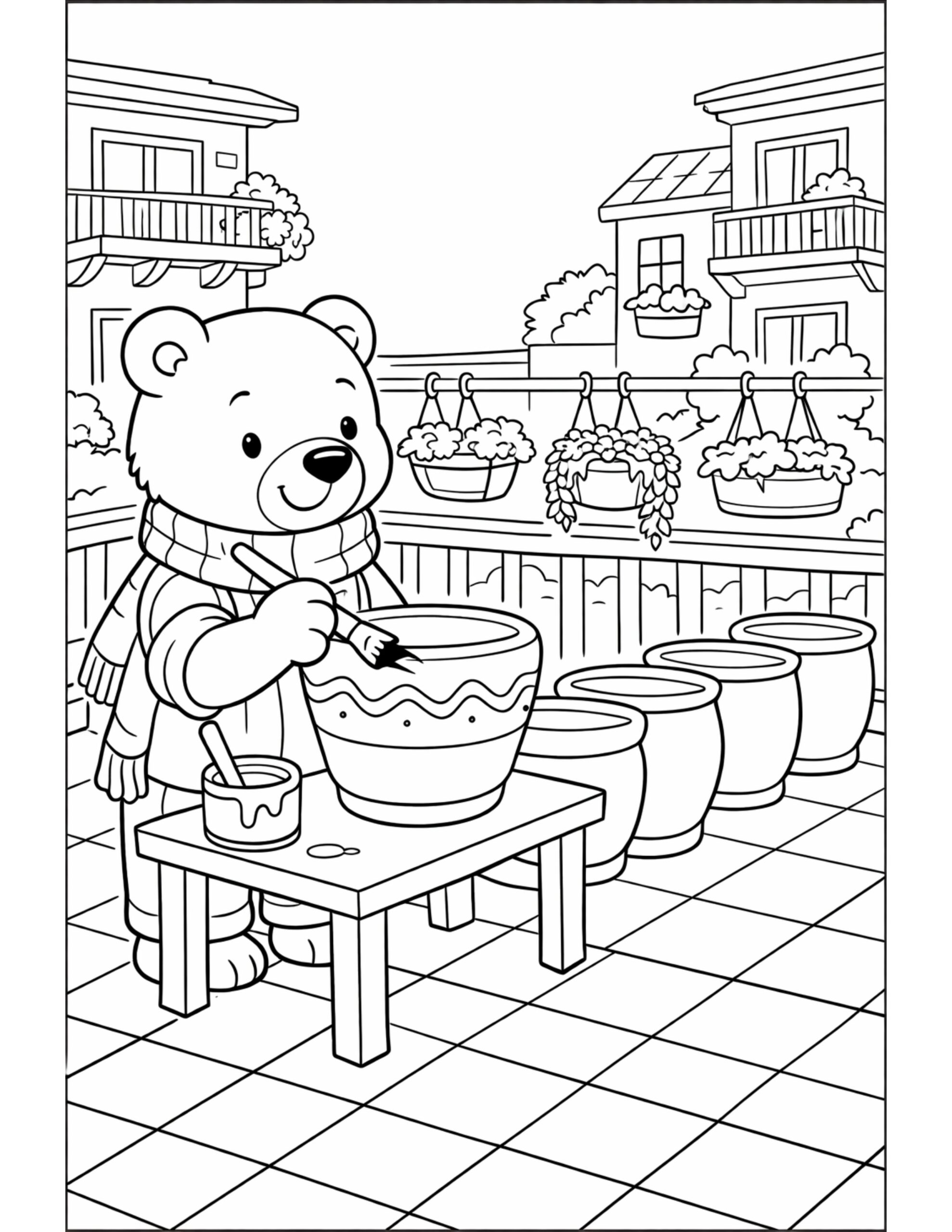 Bear Painting Flower Pots Coloring Page | Cozy Balcony Scene
