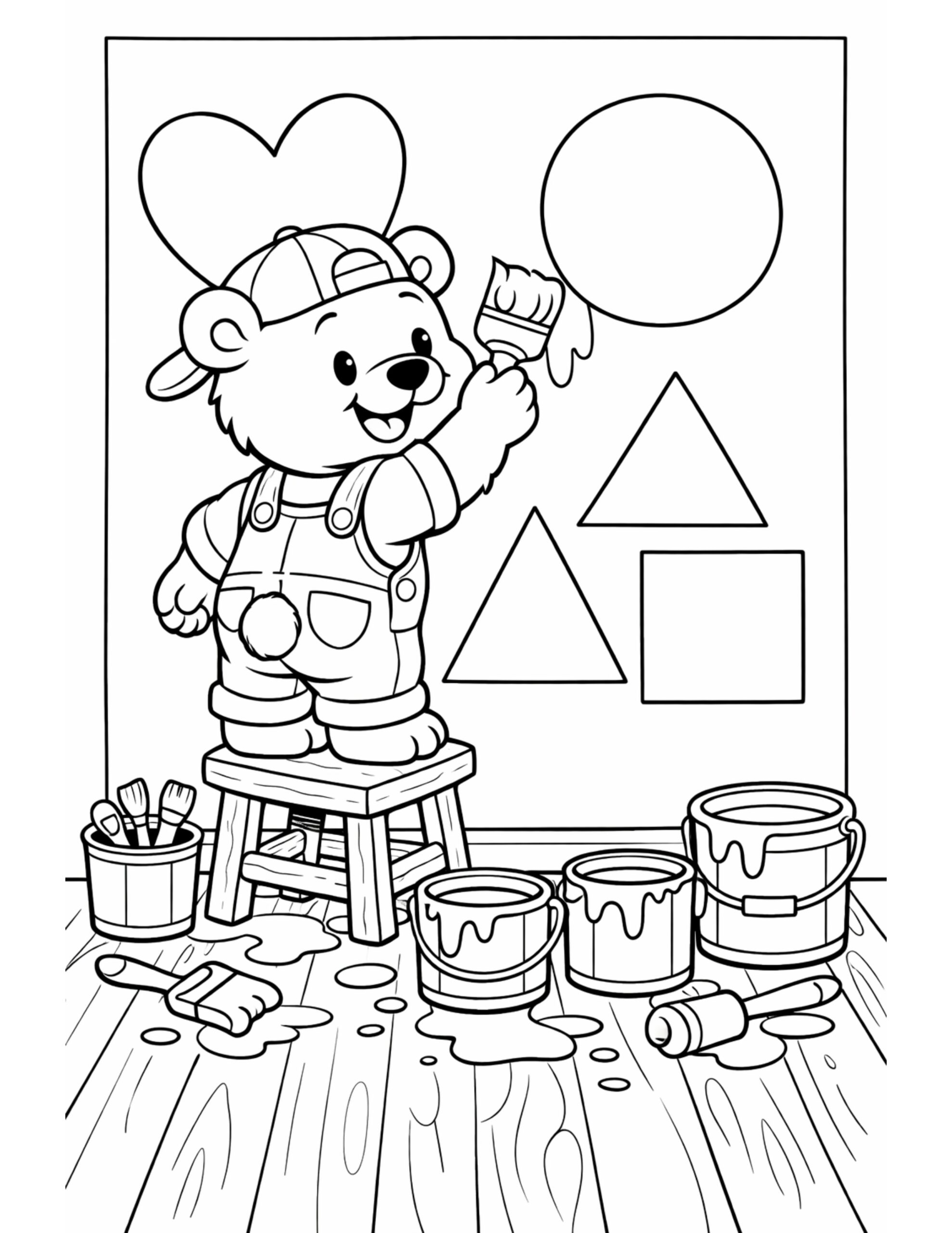 Bear Painting Shapes on Wall Coloring Page | Creative Scene