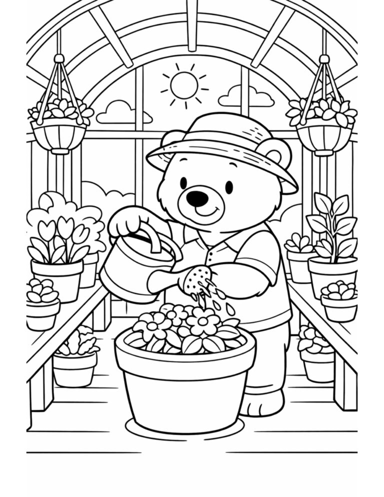 Bear Watering Plants in Greenhouse Coloring Page | Cozy Scene