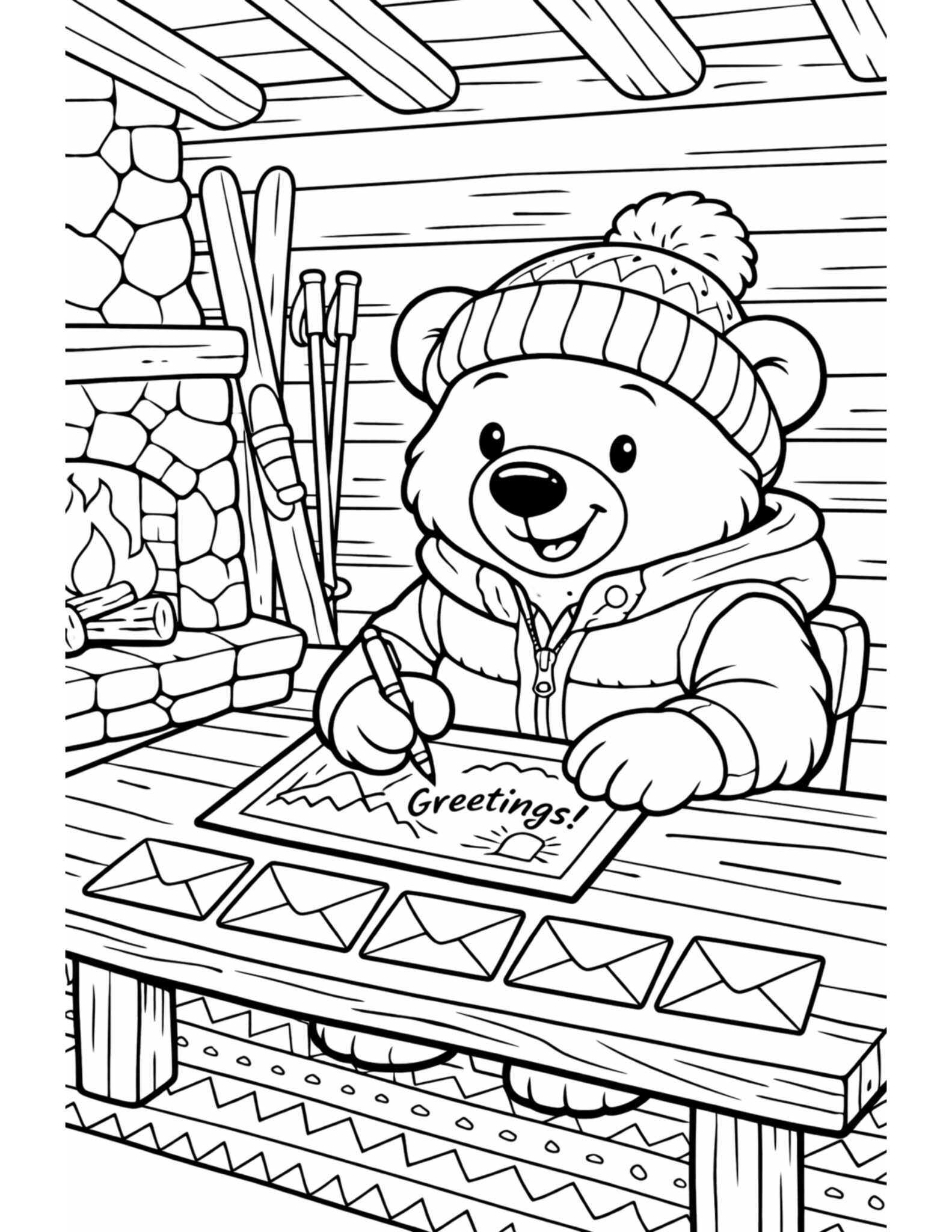 Bear Writing Greeting Cards Coloring Page | Cozy Cabin Fun