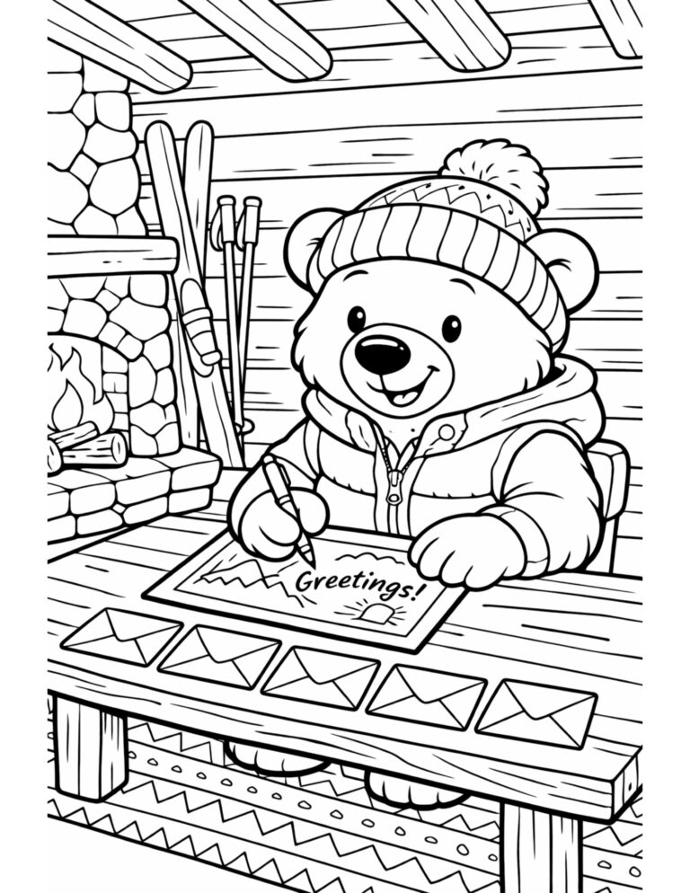 Bear Writing Greeting Cards Coloring Page | Cozy Cabin Fun