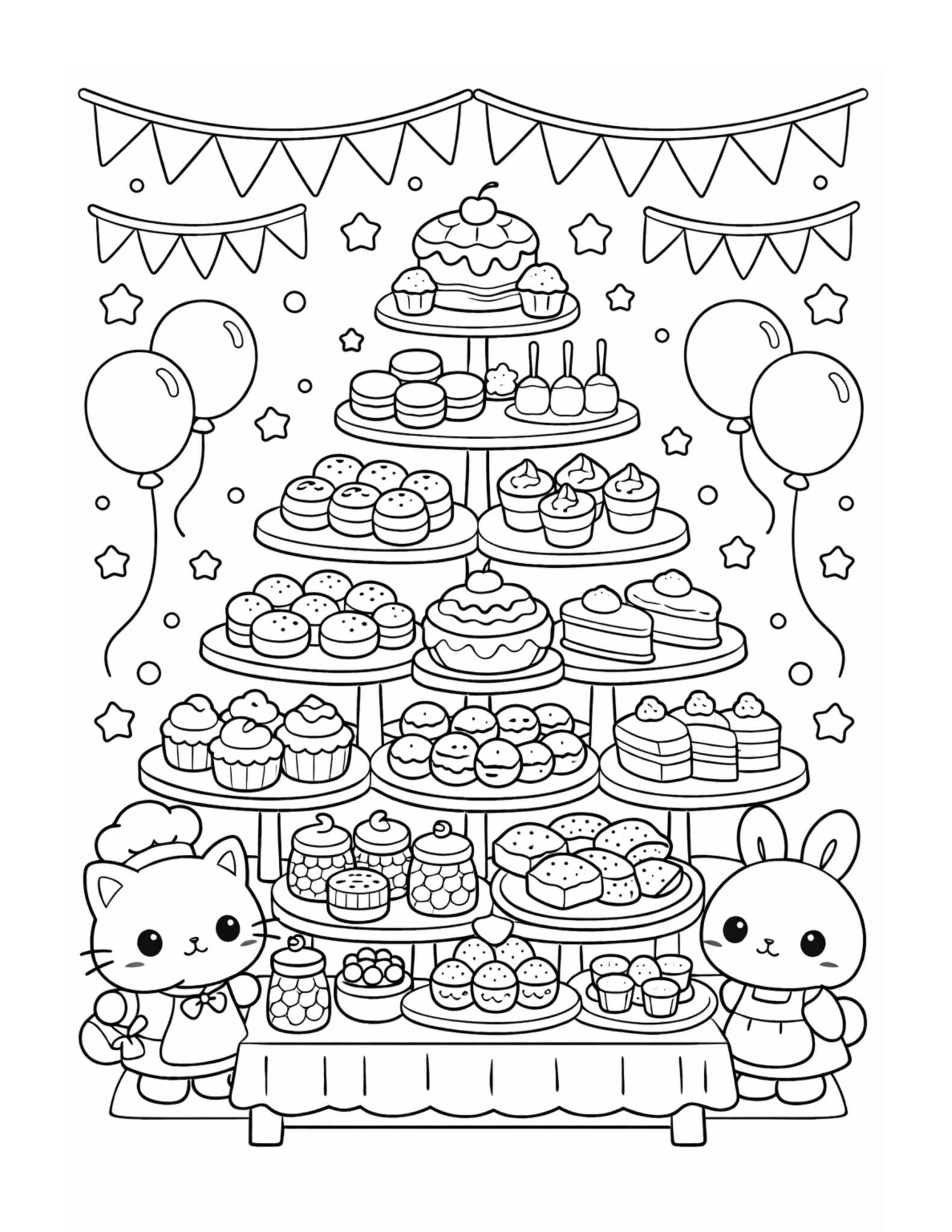 Cute Animals Dessert Party Coloring Page | Sweet Food Scene