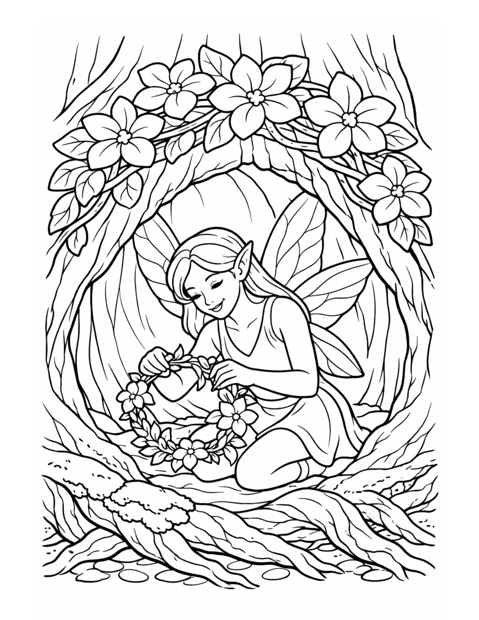 Fairy Making a Flower Wreath Coloring Page | Free Printable