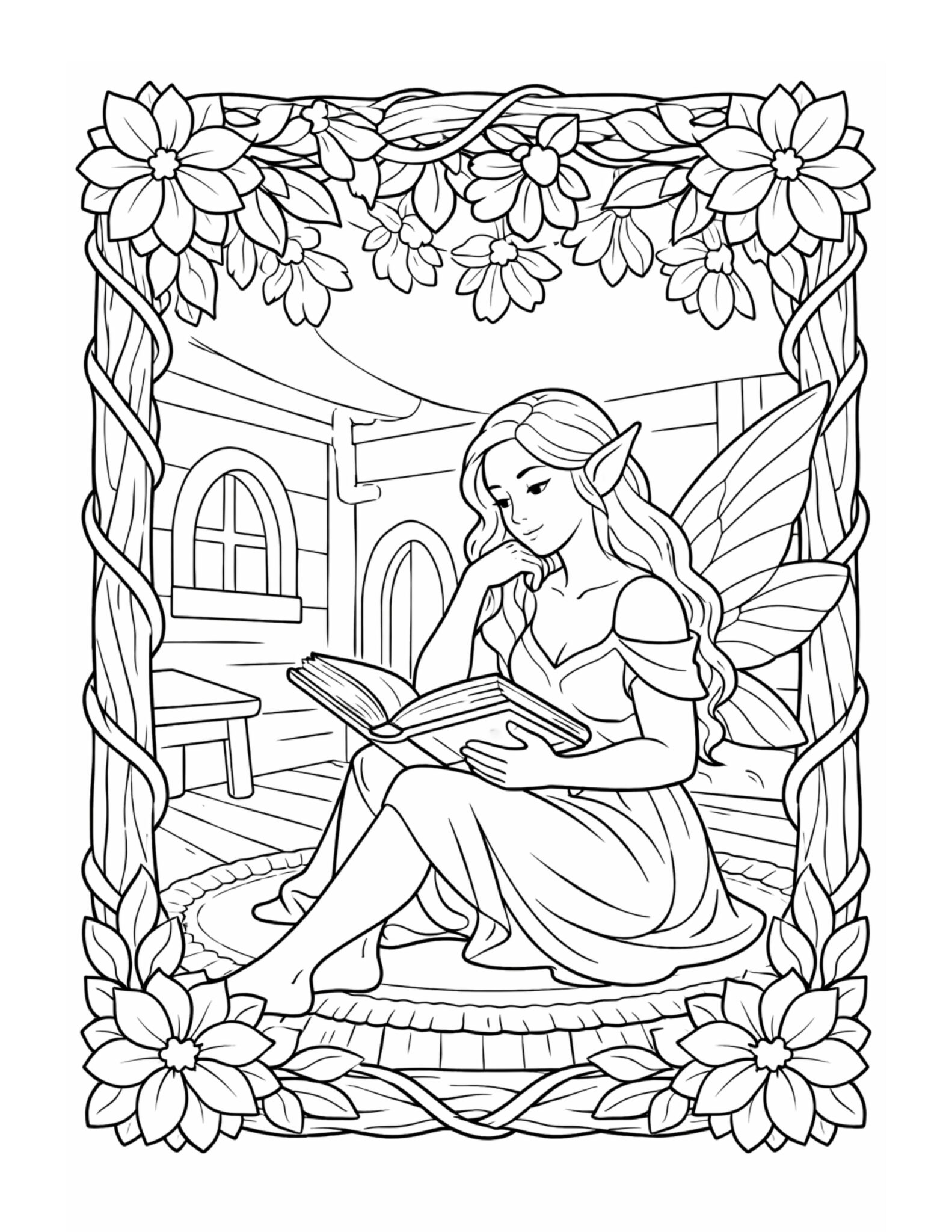 Fairy Reading in a Cottage Coloring Page | Free Printable