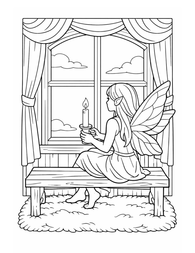 Fairy Sitting by Window Candle Coloring Page | Free Printable
