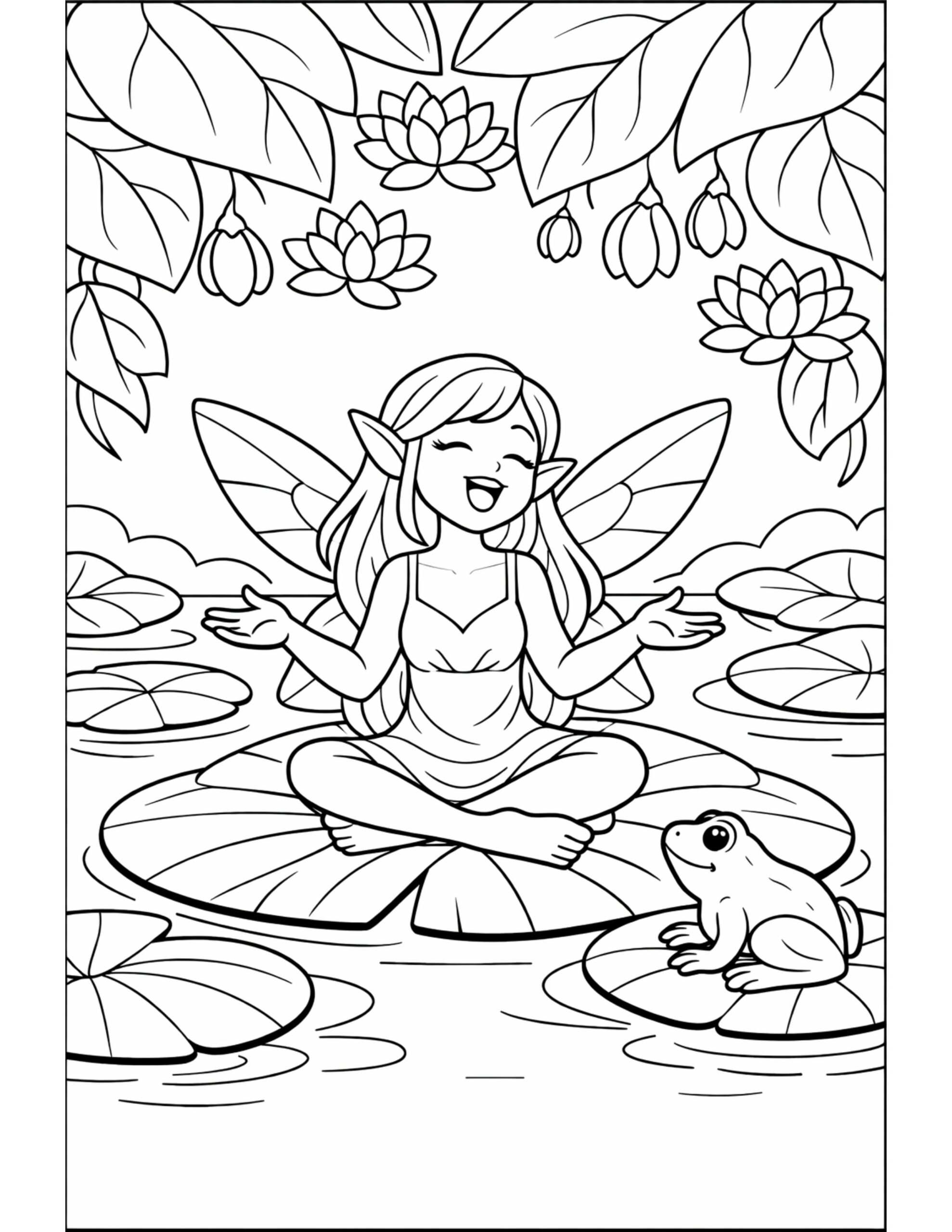 Fairy Sitting On Lily Pad Coloring Page | Free Printable