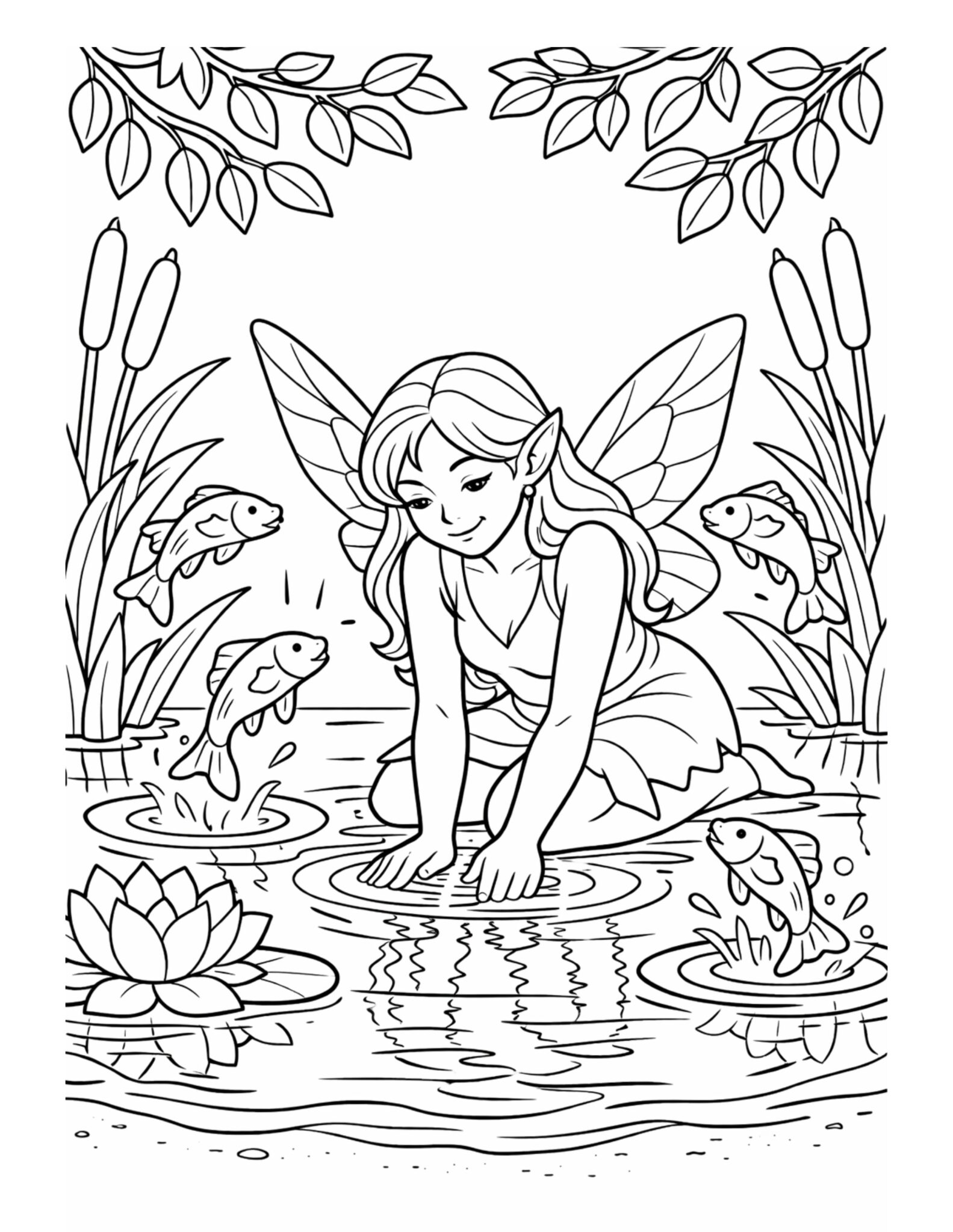 Fairy Touching Pond Fish Coloring Page | Free Printable