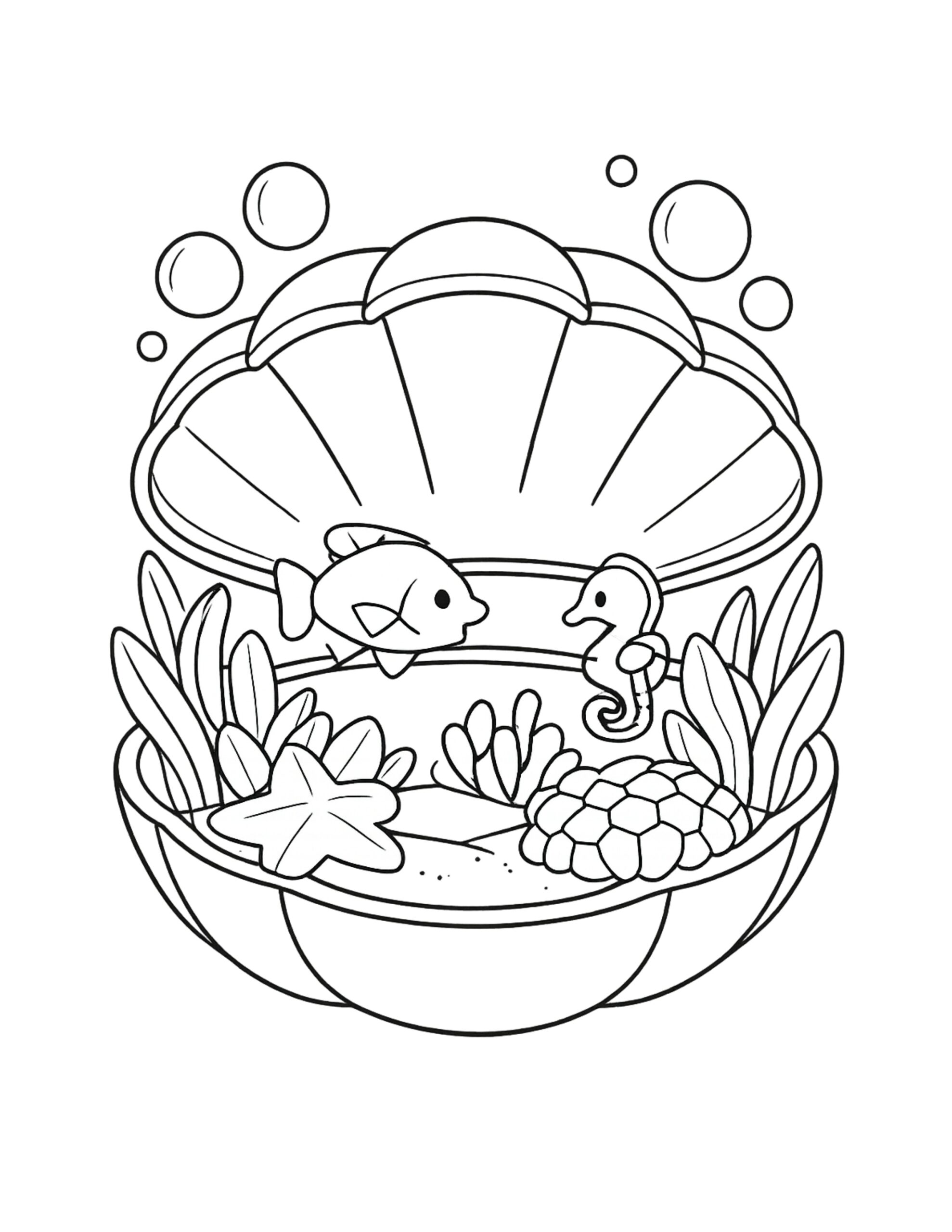 Fish and Seahorse in Clam Coloring Page | Ocean Cute Scene