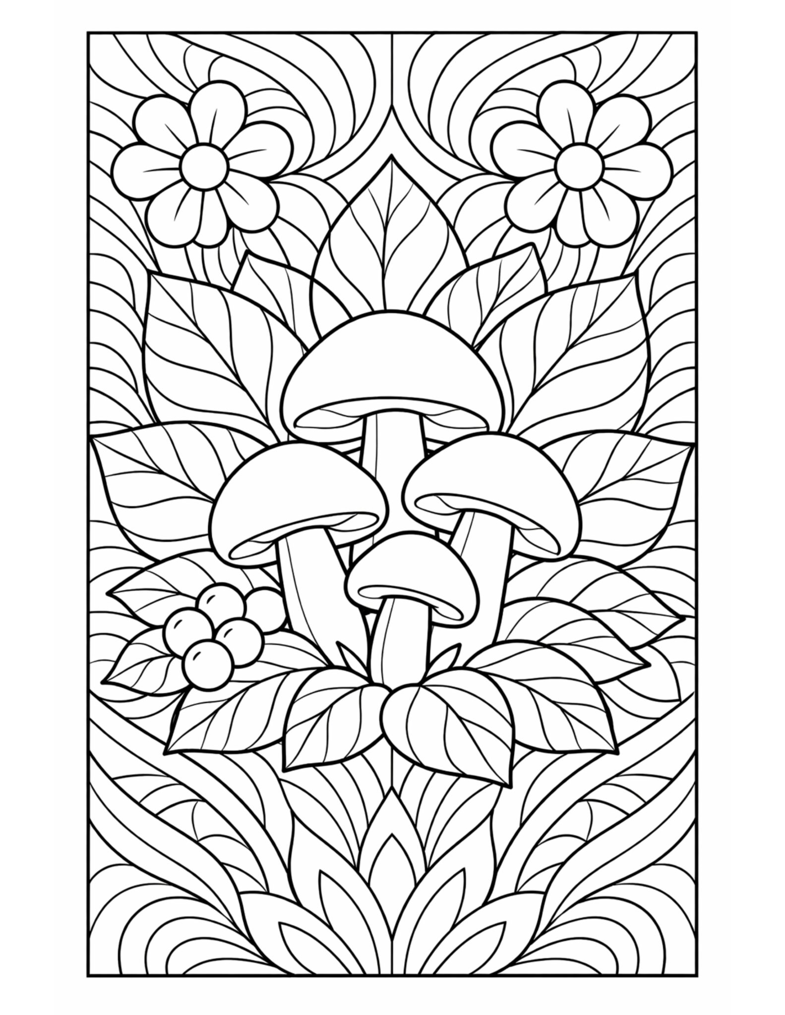 Forest mushrooms with leaves coloring page | Nature Art