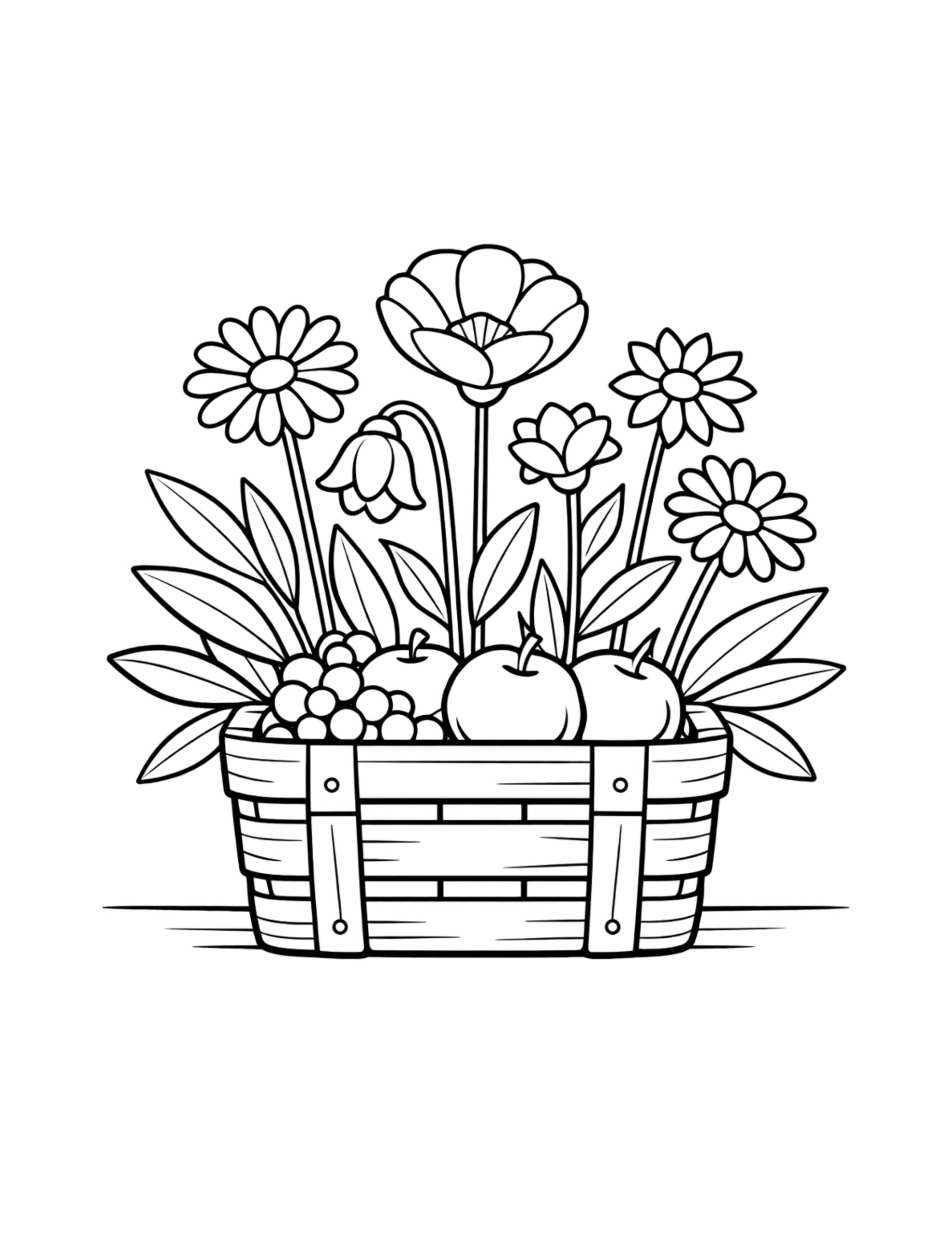Fruit basket with garden flowers coloring page | Floral Still Life