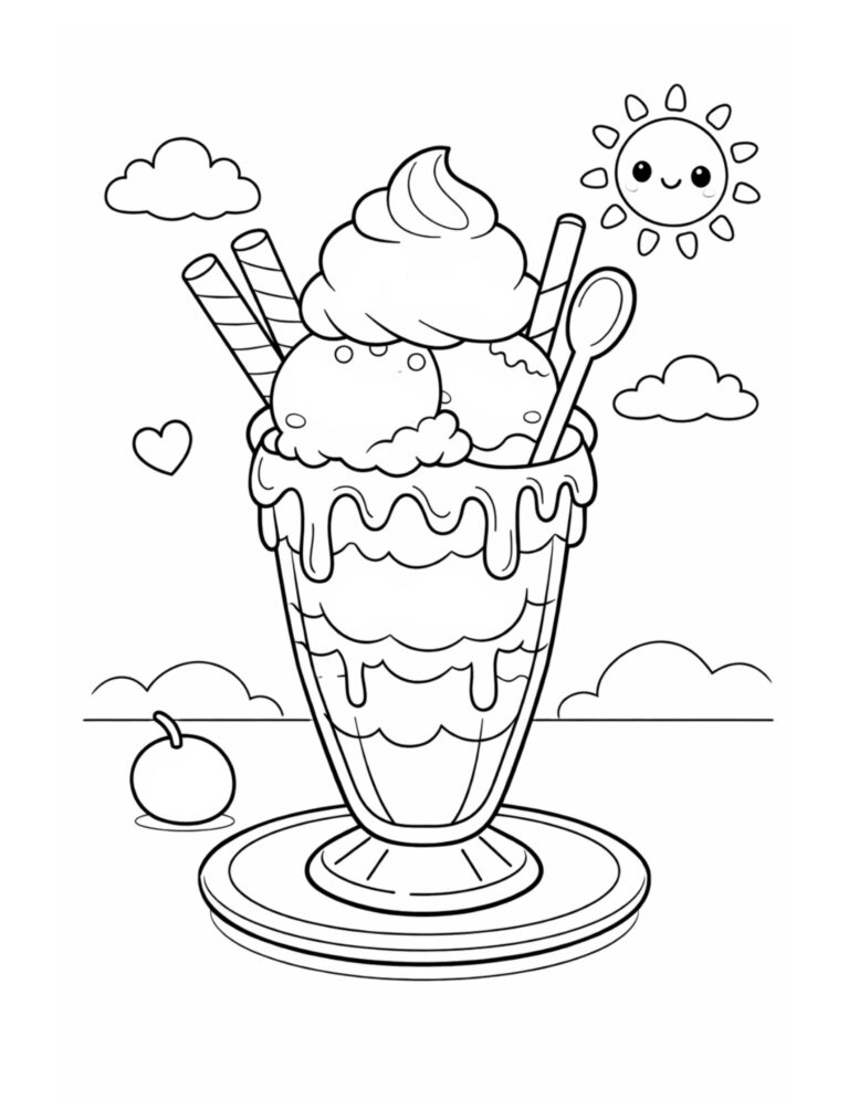 Ice Cream Sundae Sunny Sky Coloring Page | Sweet Food Art