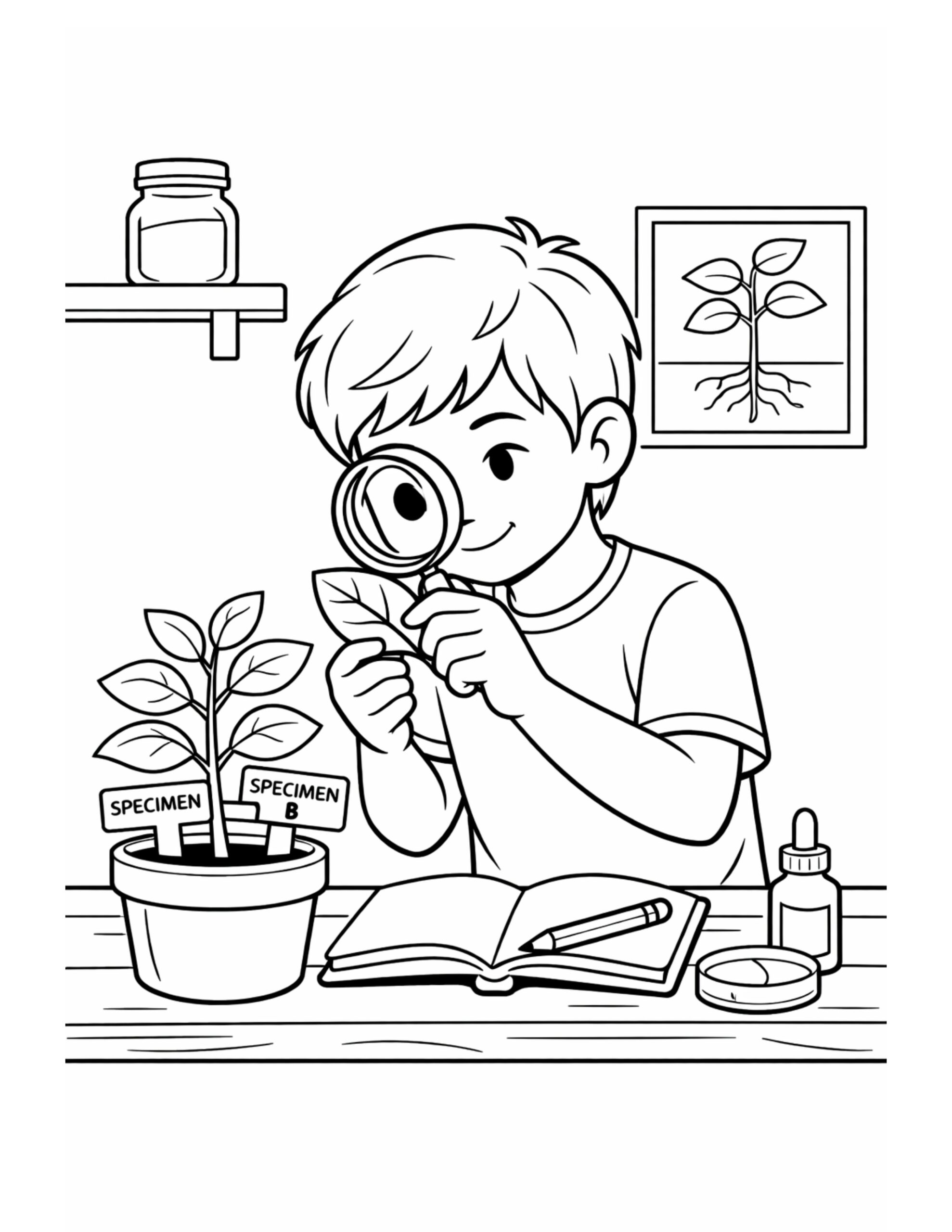 Kid botanist examining leaf coloring page | Science Job Fun