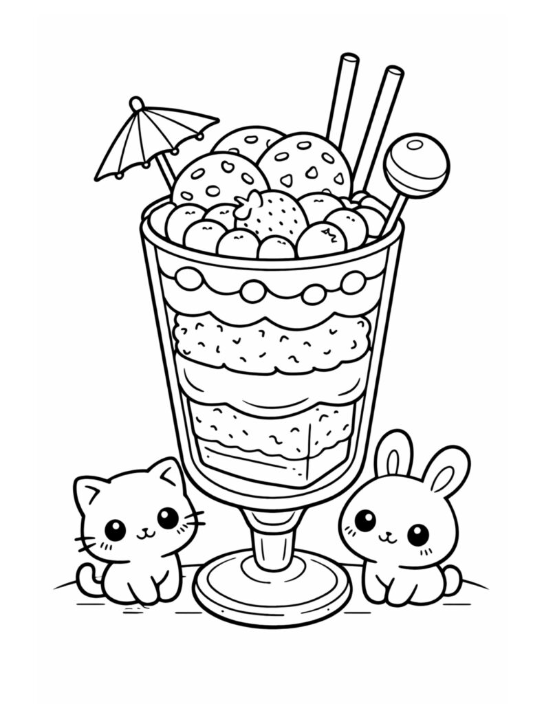 Layered Parfait With Cat Bunny Coloring Page | Sweet Food Fun
