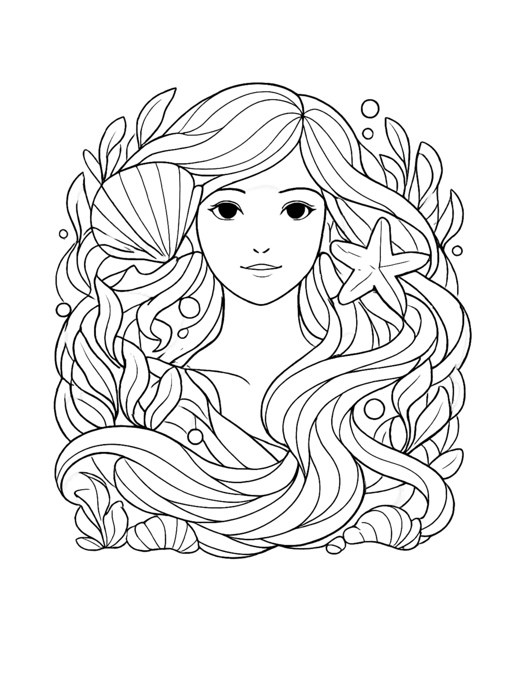 mermaid portrait with starfish coloring page | Ocean Beauty Art