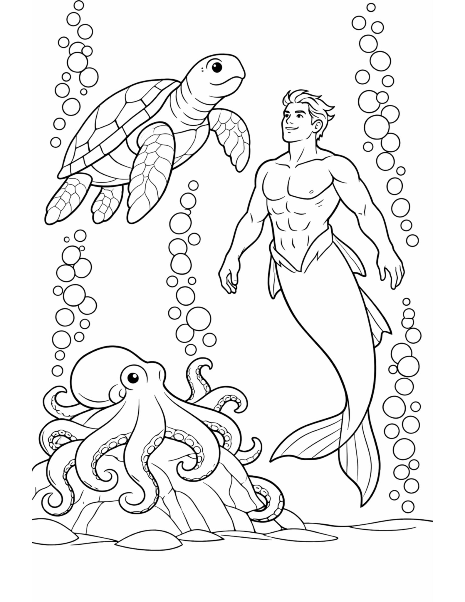 Merman swimming with sea turtle coloring page | Ocean Adventure