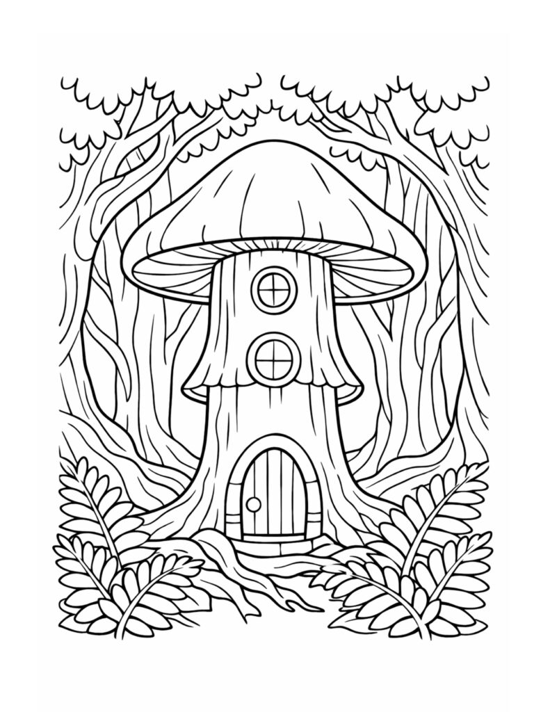 mushroom house in forest coloring page | Whimsical Woodland