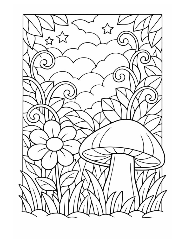 Mushroom in Starry Garden Coloring Page | Nature Scene
