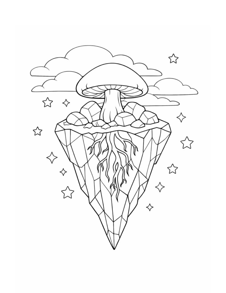 Mushroom On Floating Crystal Island Coloring Page