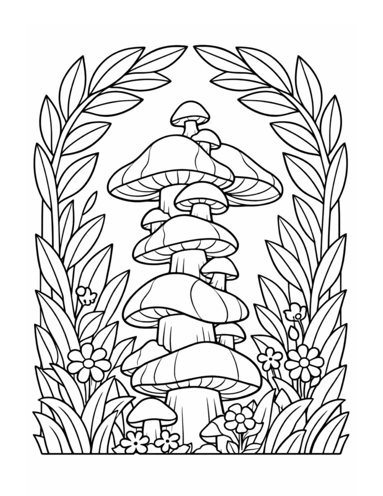Mushroom Tower Framed by Leaves Coloring Page | Botanical Fun