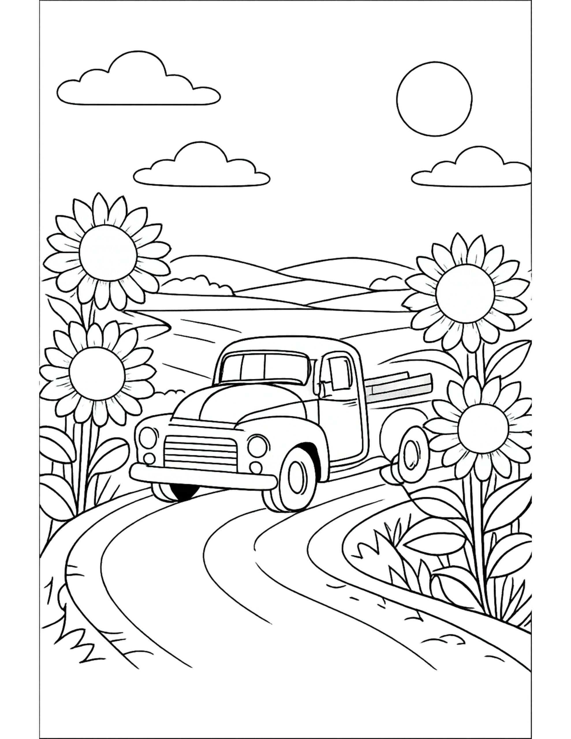 Pickup Truck Driving Past Sunflowers Coloring Page
