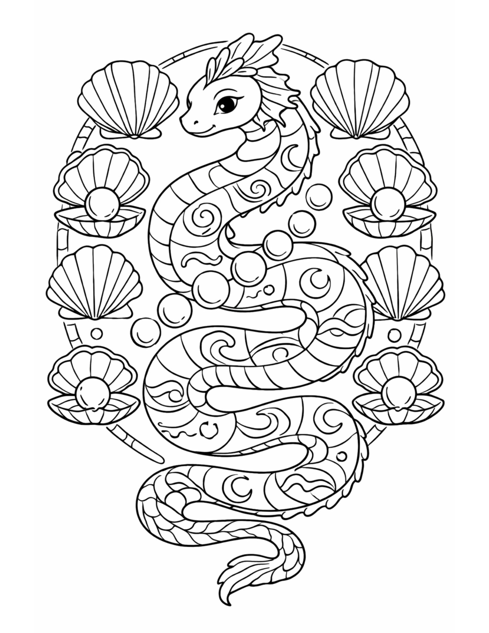 Sea dragon with pearl shells coloring page | Mystical Ocean Design