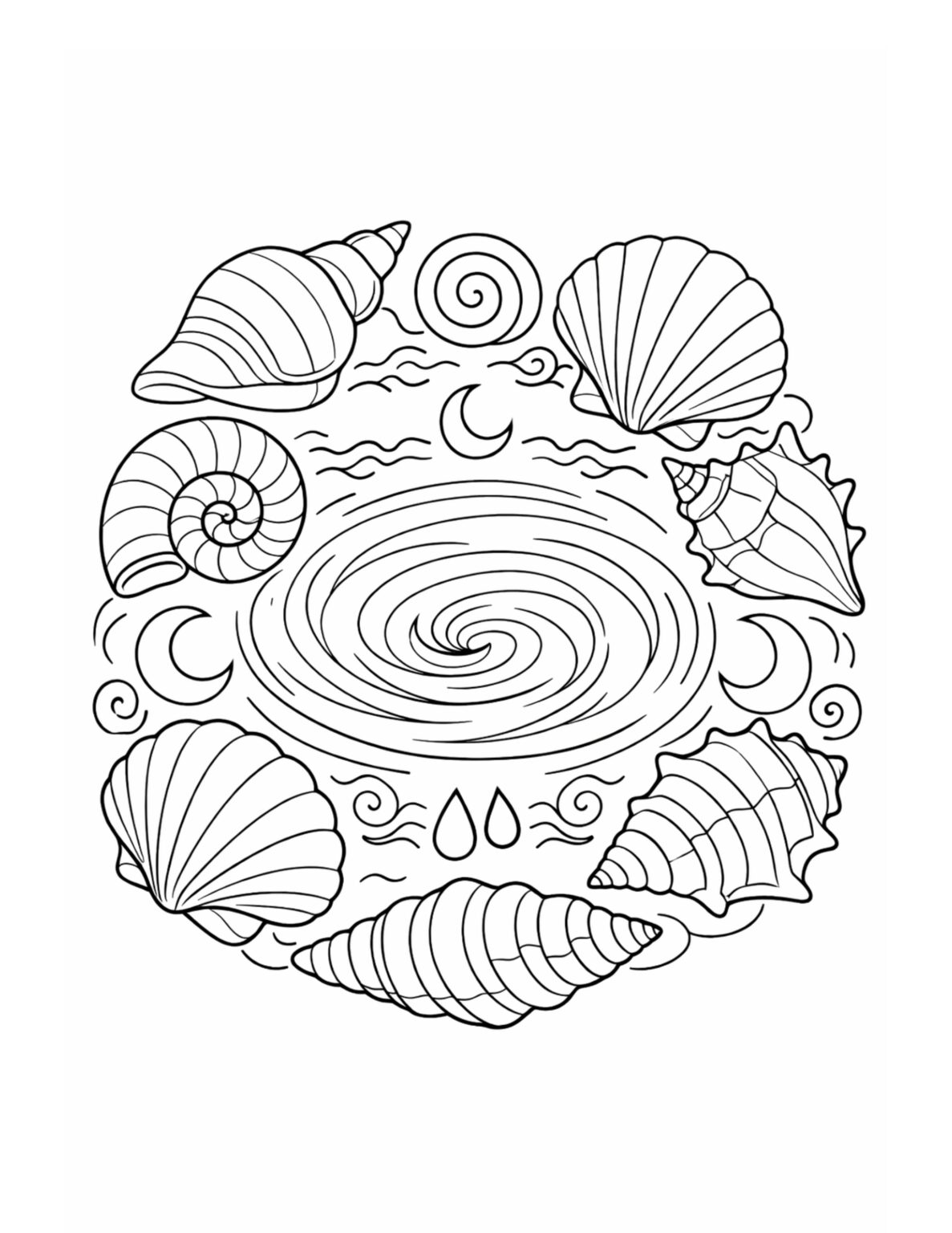 Seashells Around Ocean Whirlpool Coloring Page | Coastal Calm