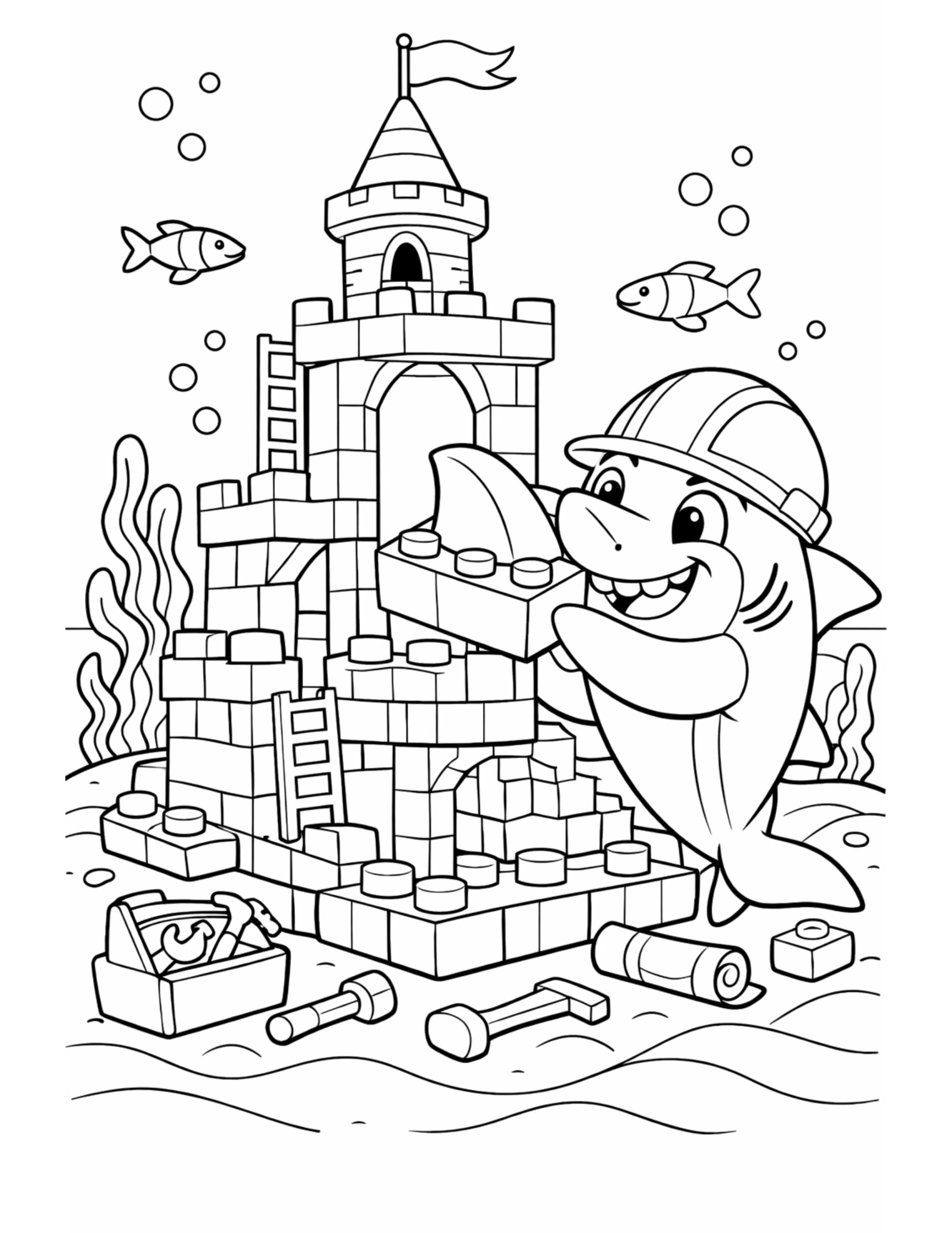 Shark building a block castle coloring page | Free Printables