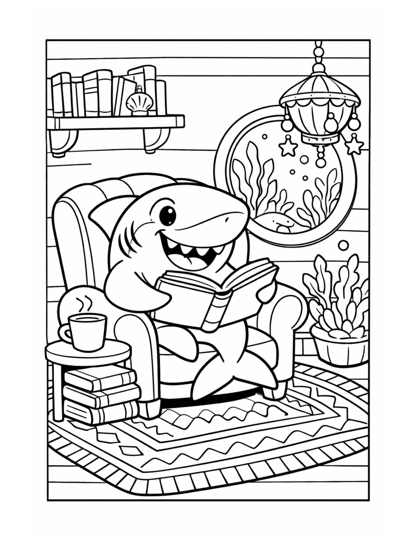 Shark Reading Book in Armchair Coloring Page | Free Printable