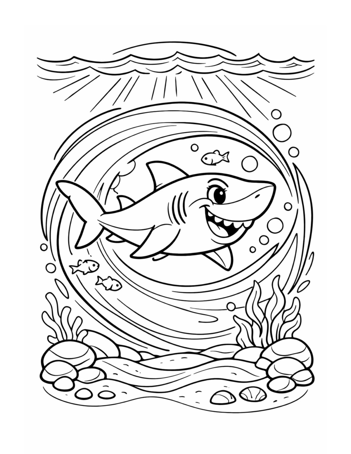 Shark Swimming in Ocean Swirl Coloring Page | Free Printable