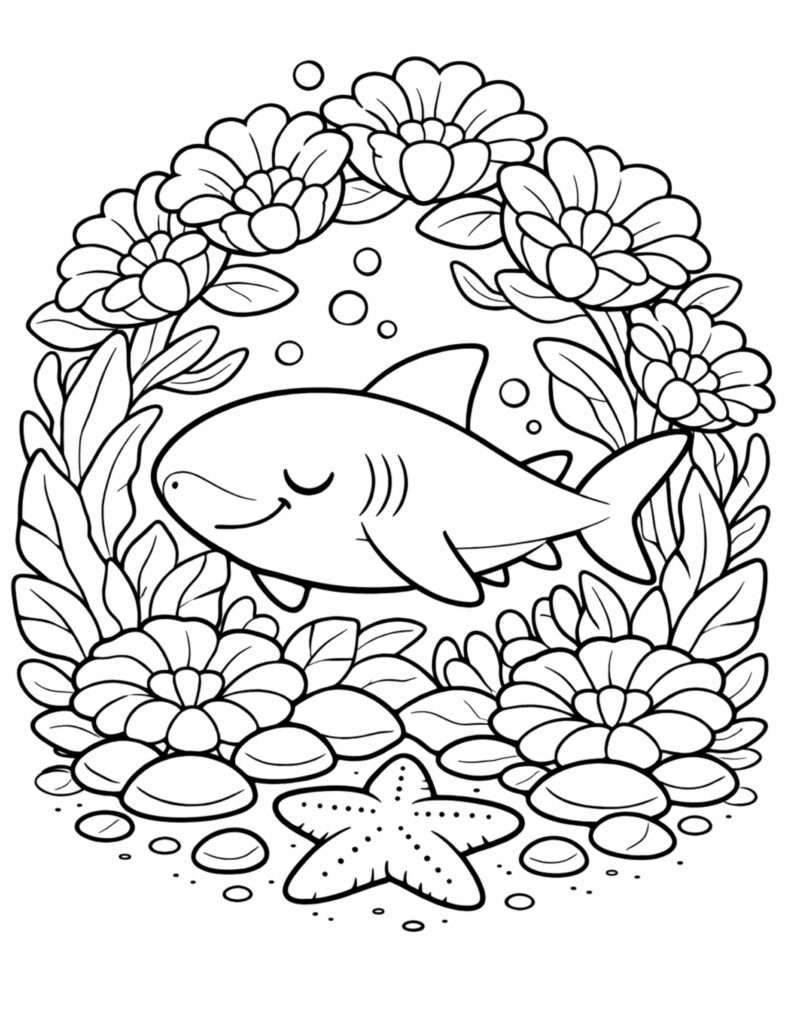 Sleeping Shark in Flower Garden Coloring Page | Free Printable