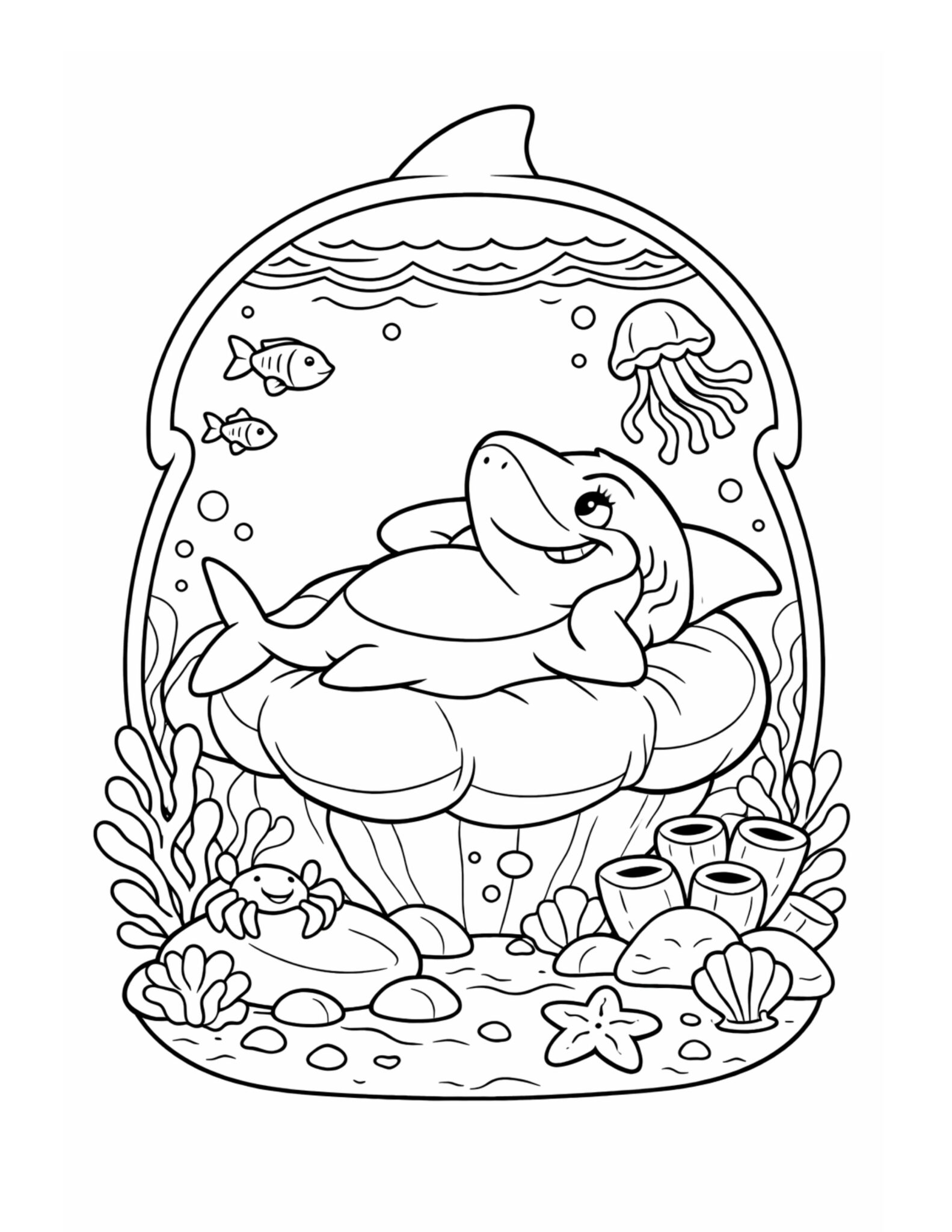 Smiling Shark Resting on Coral Coloring Page | Free Printable