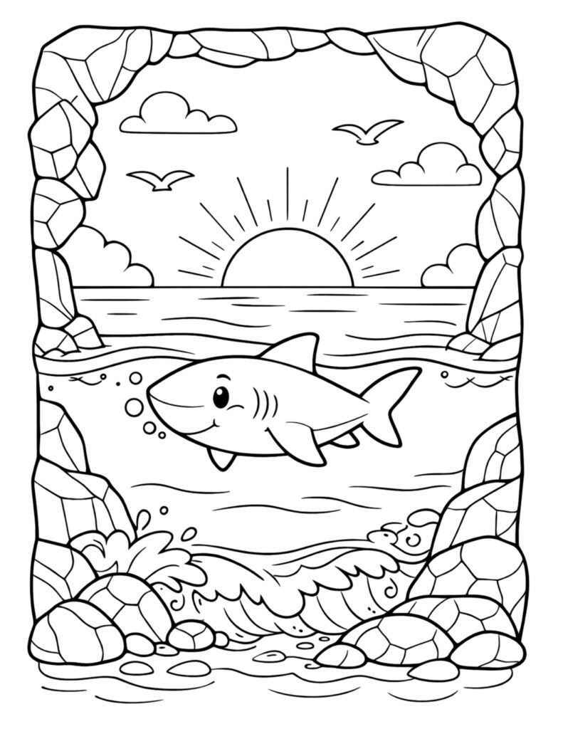 Smiling Shark Swimming Underwater Coloring Page