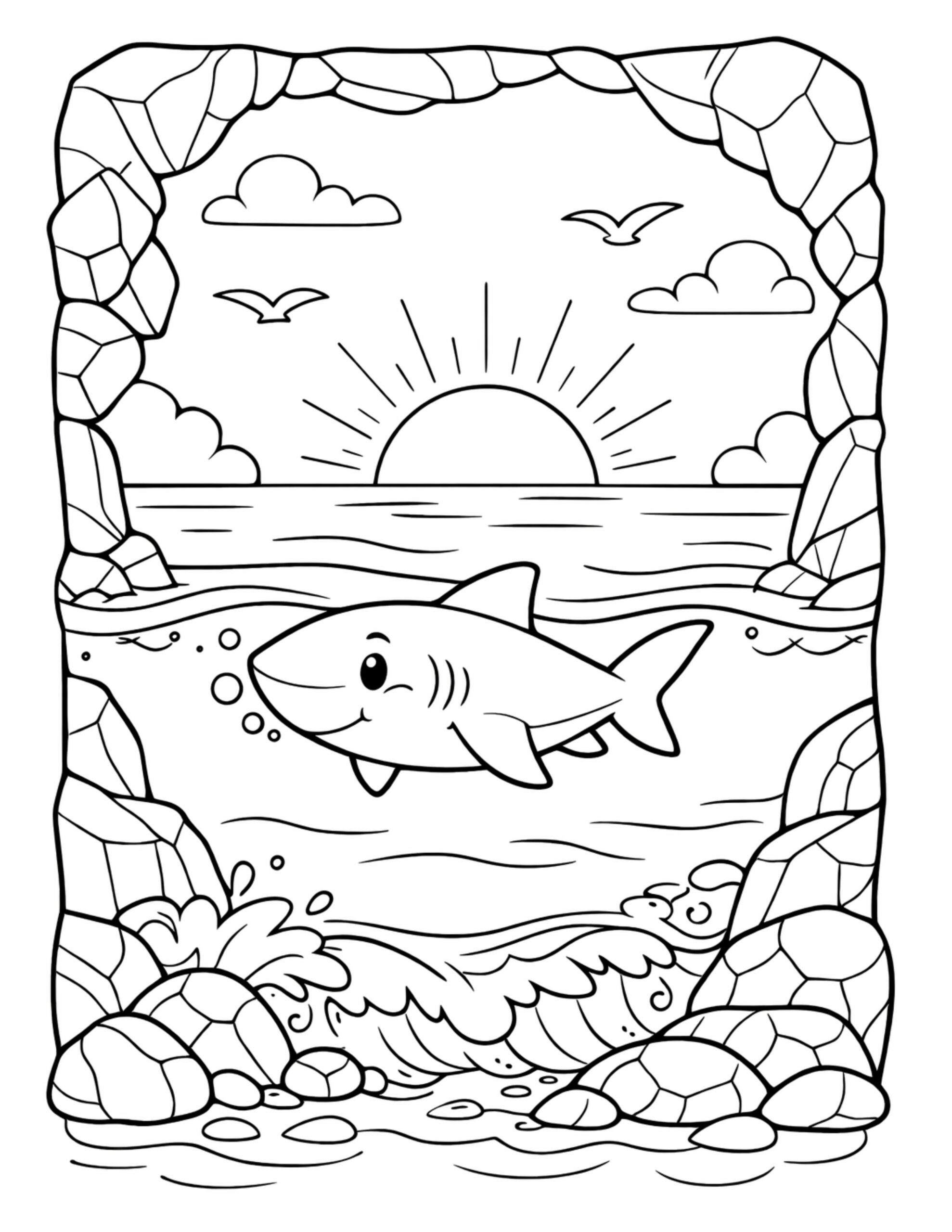 Smiling Shark Swimming at Sunset Coloring Page | Free Printable