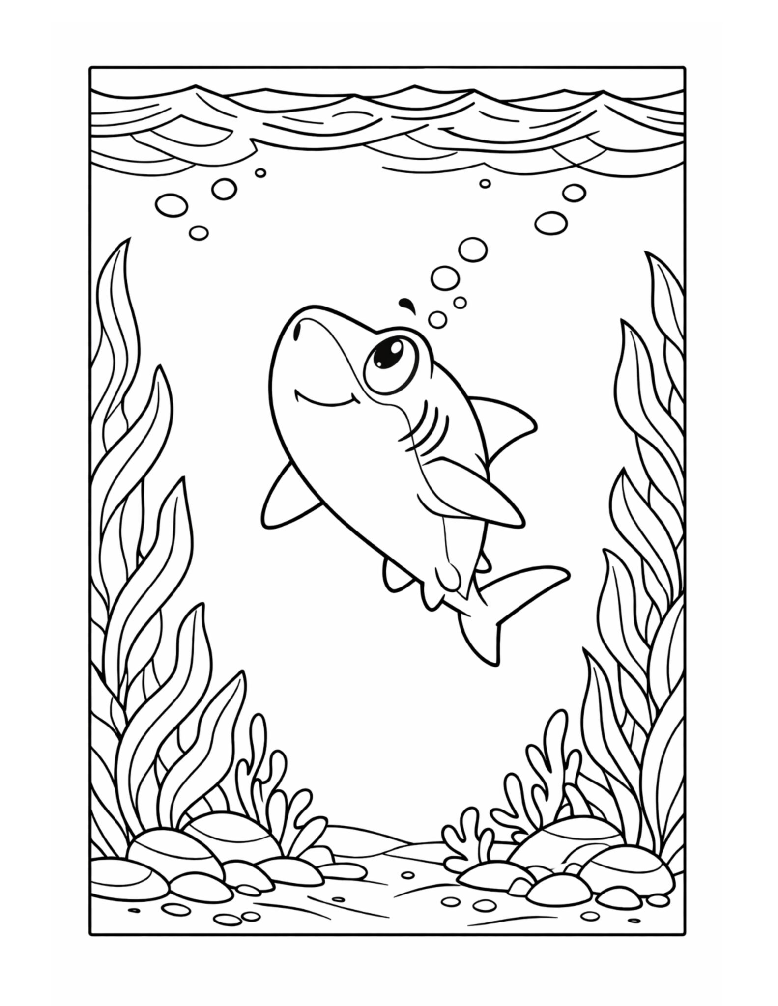Smiling Shark Swimming Underwater Coloring Page