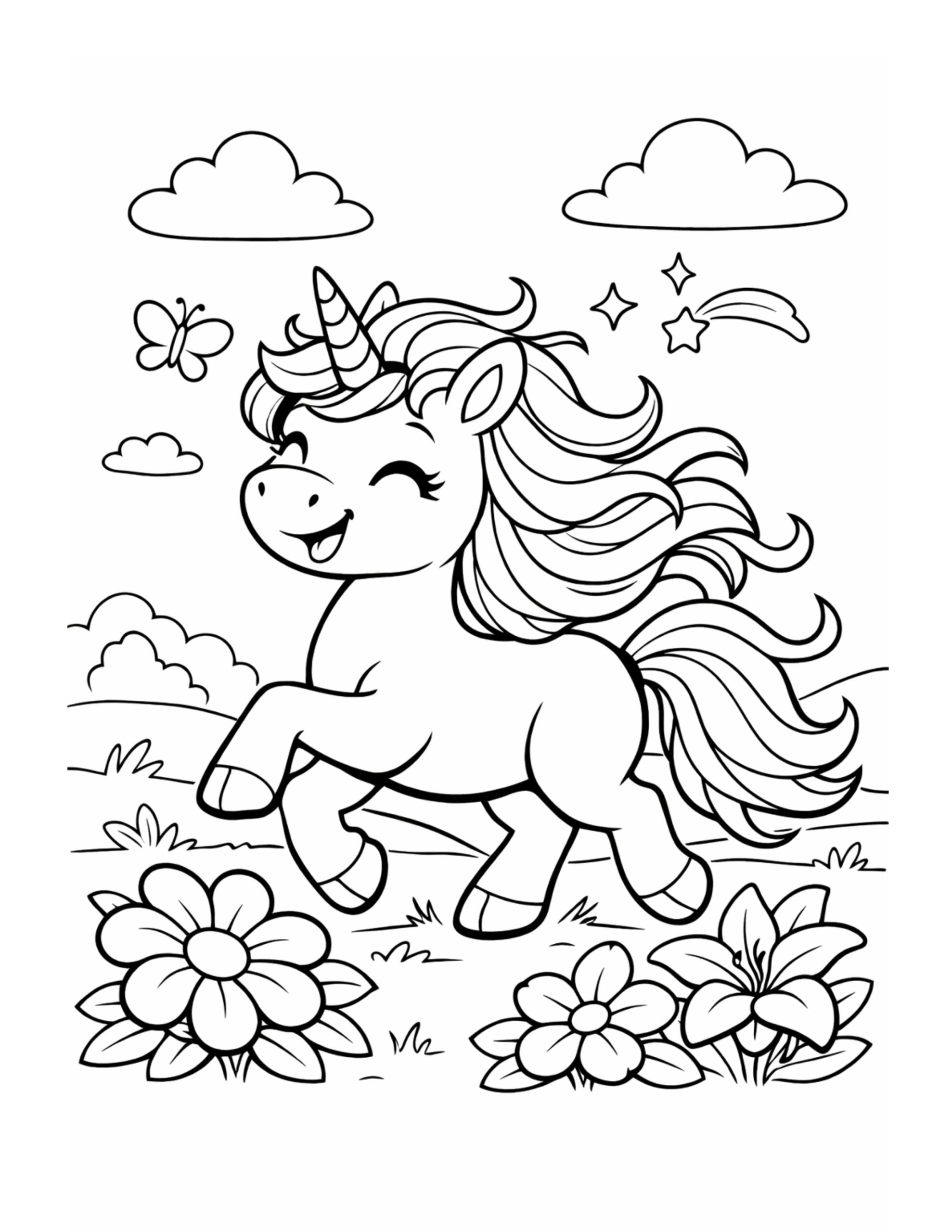 smiling unicorn with shooting star coloring page | Free Printable