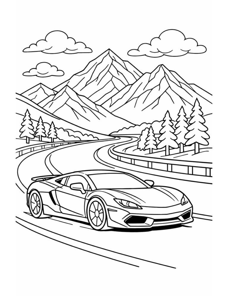 Sports Car on Mountain Road Coloring Page | Free Printable
