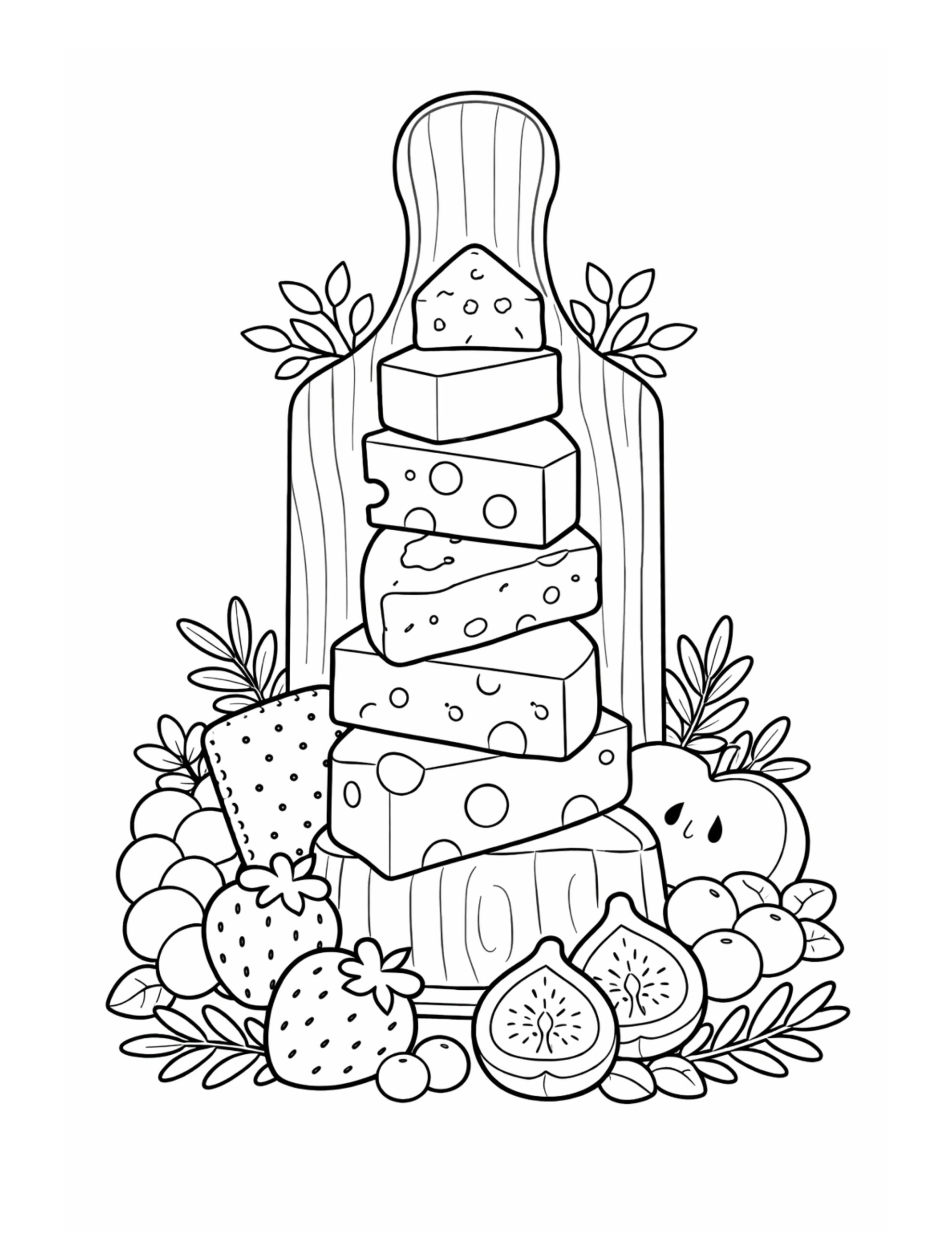 stacked cheese board with fruit coloring page | Food Art