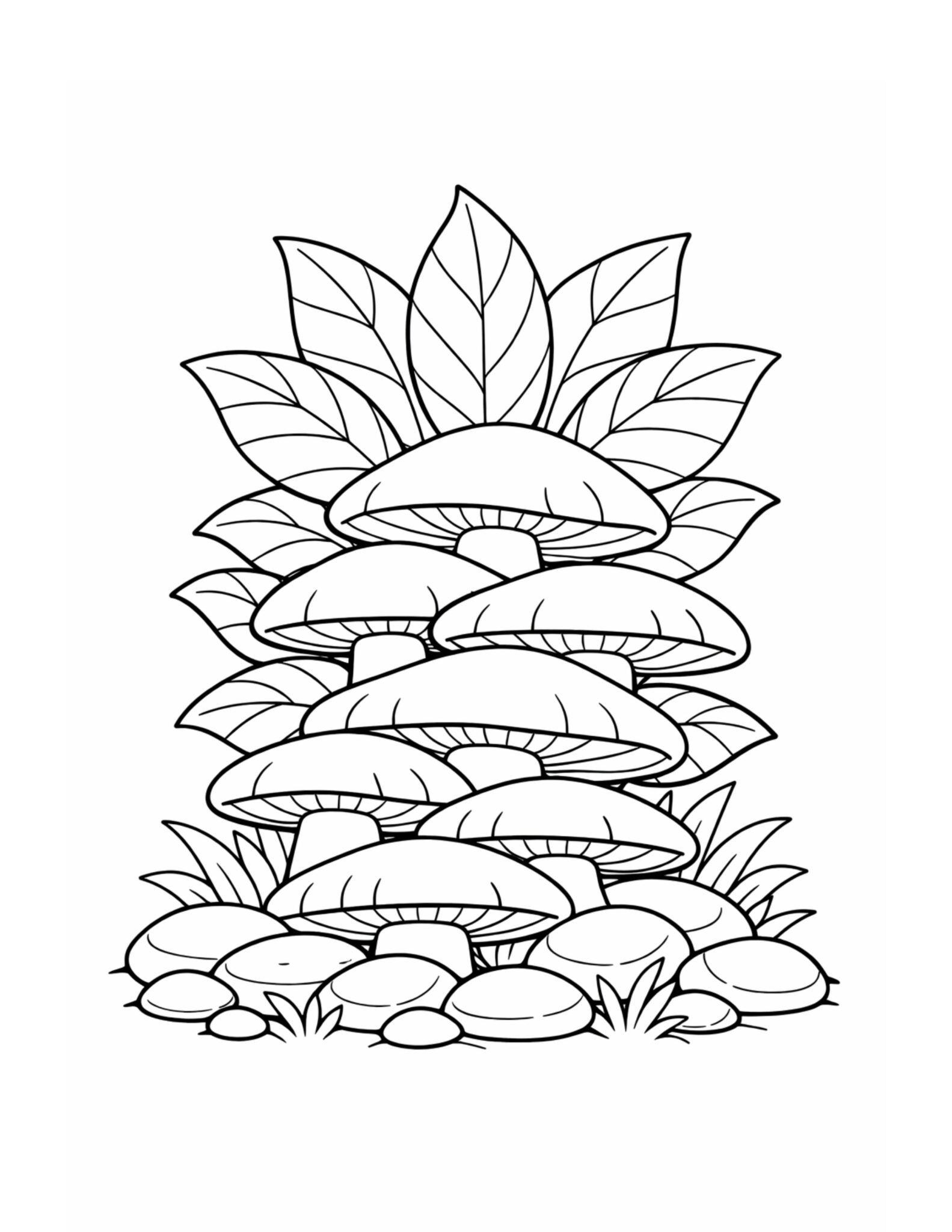 Stacked mushrooms with leafy backdrop coloring page