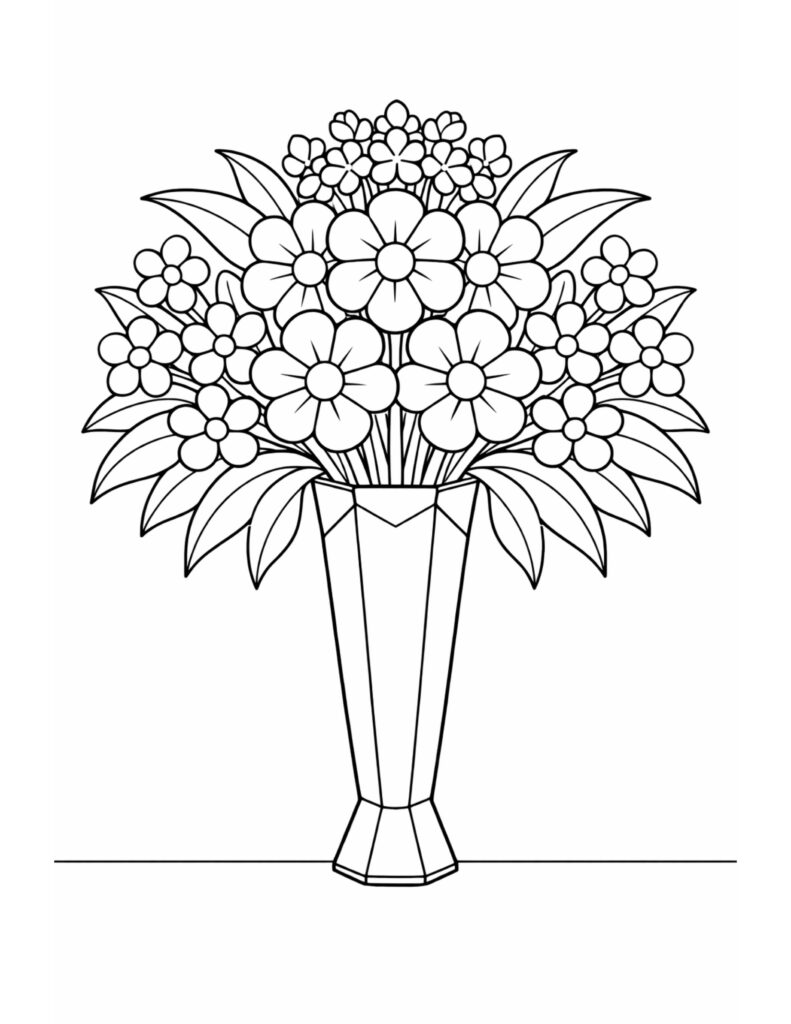 Tall Vase Flower Bouquet Coloring Page | Floral Coloring Fun