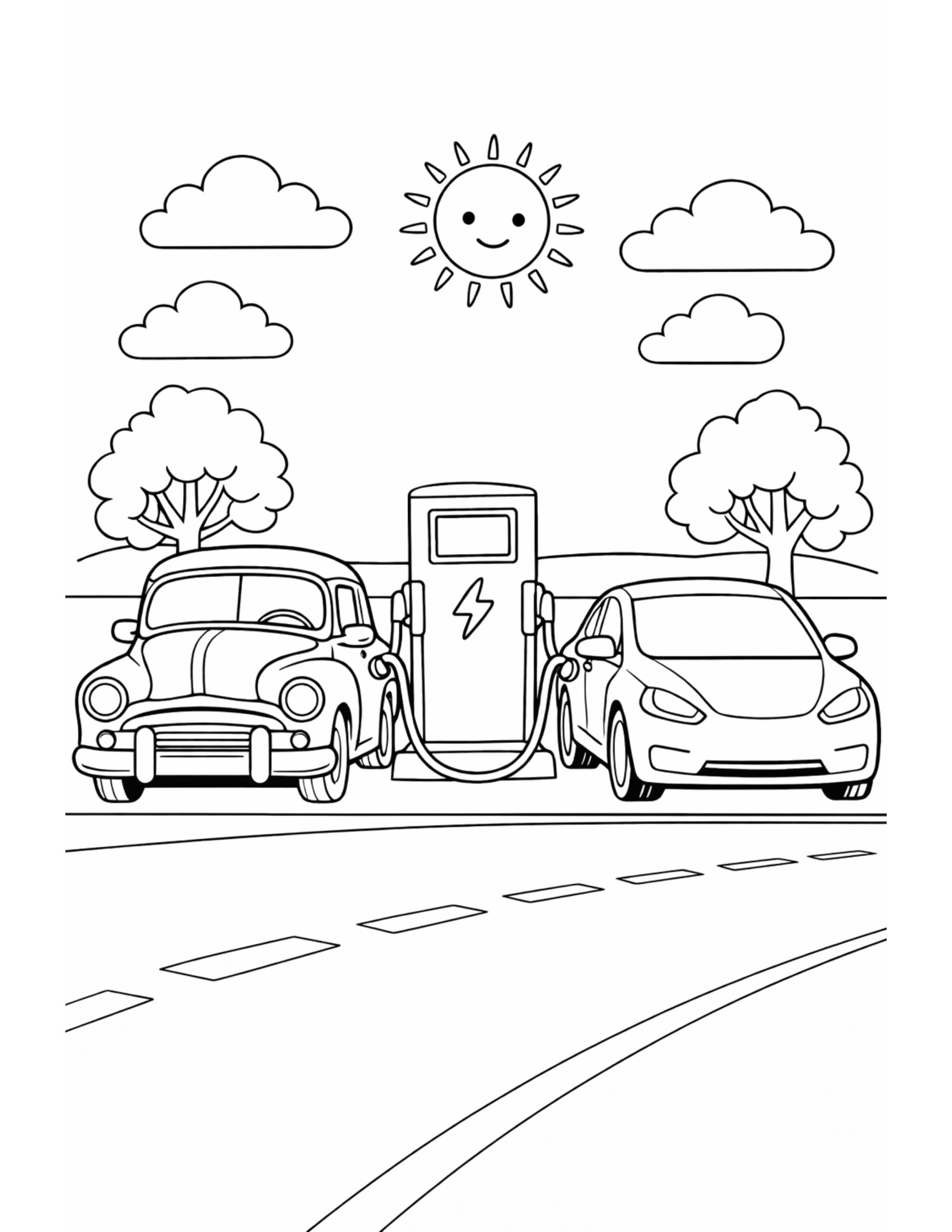 Two Cars at Charging Station Coloring Page | Free Printable