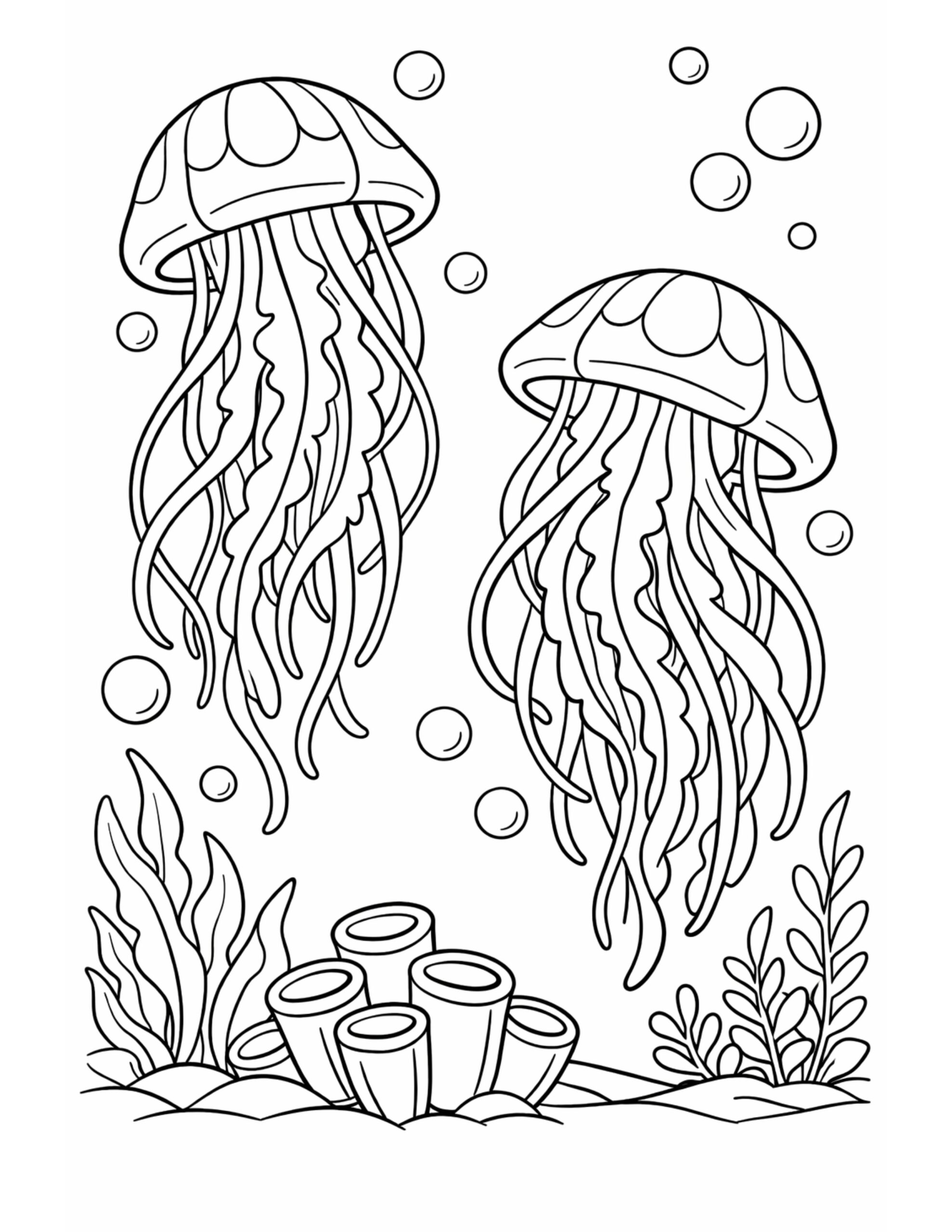 two jellyfish floating underwater coloring page | Calm Ocean Art